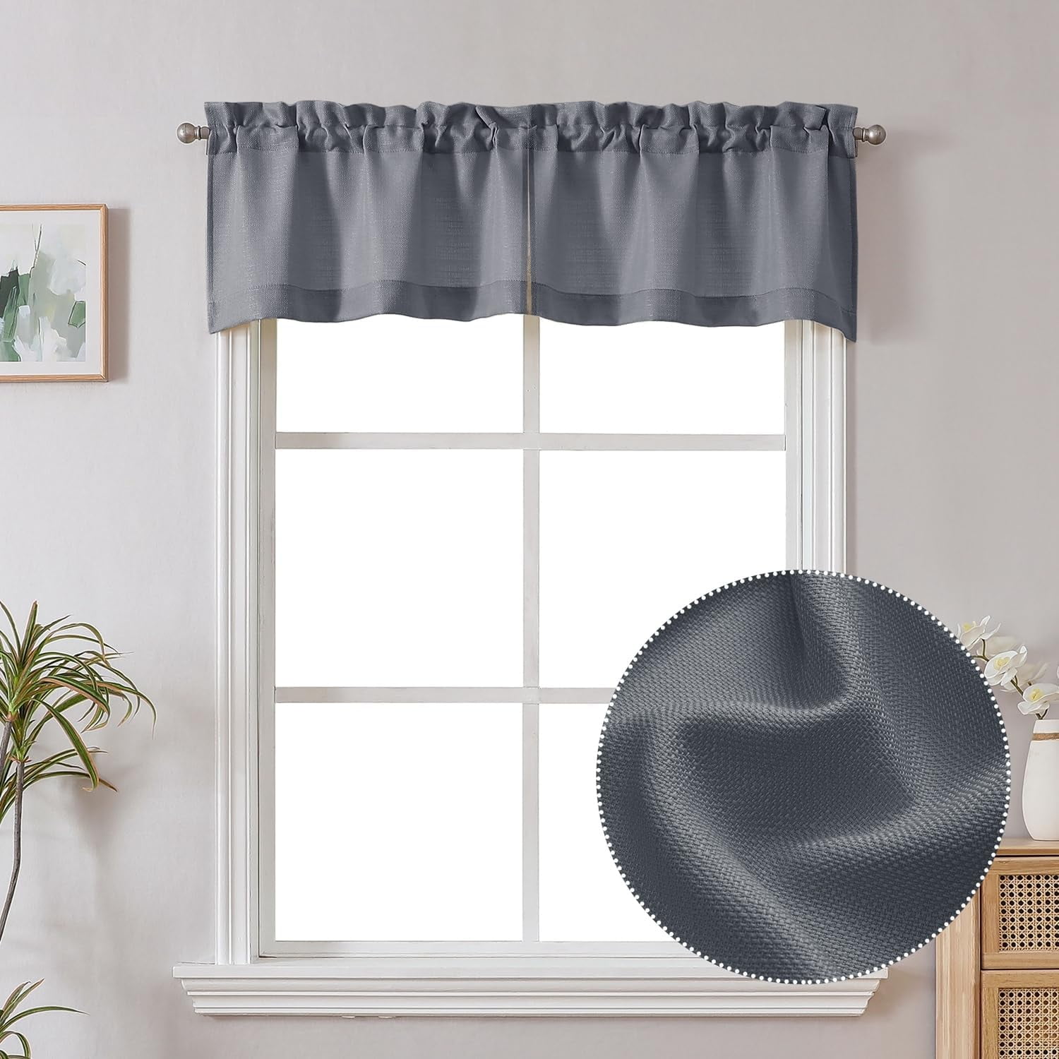 Dark Grey Valance for Windows, Faux Linen Slub Textured Semi Sheer ...