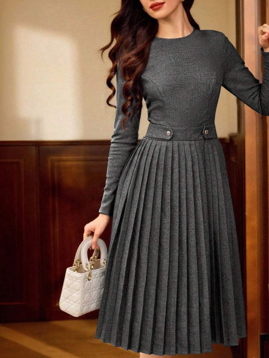 Dark Grey Vintage Elegant Womens Midi Dress With Pleated Skirt And ...
