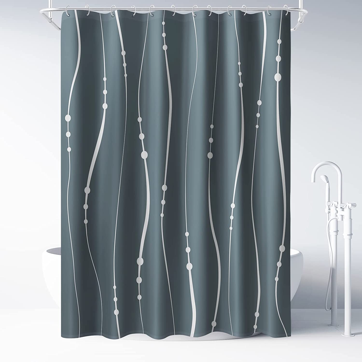 Dark Grey and White Striped Fabric Shower Curtain for Bathroom with Hooks, Shower Curtain Set 84 ...