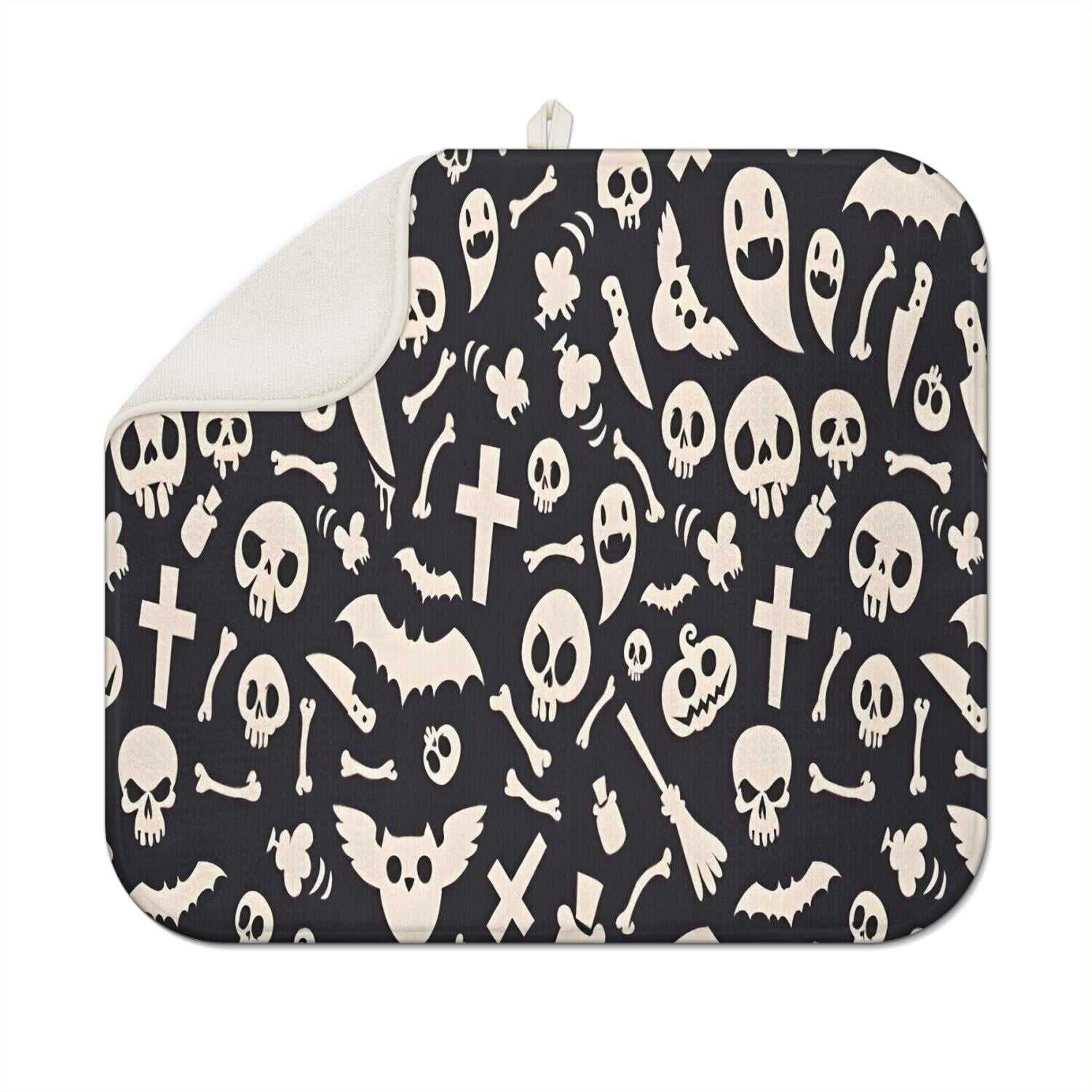 Dark Halloween Ghosts Skulls and Bats Dish Drying Mat for Kitchen 1 ...