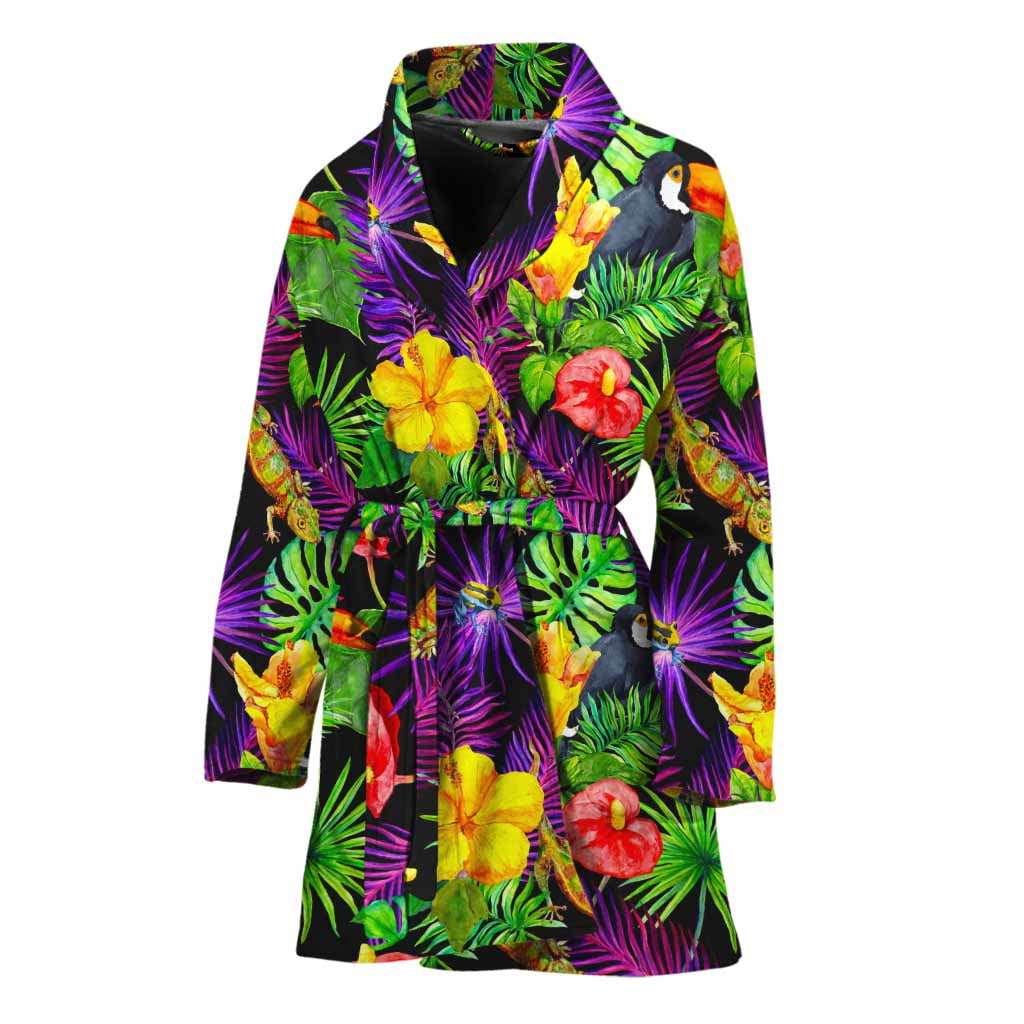 Dark Hawaiian Tropical Pattern Women Bathrobe One Size Univeral Fits ...