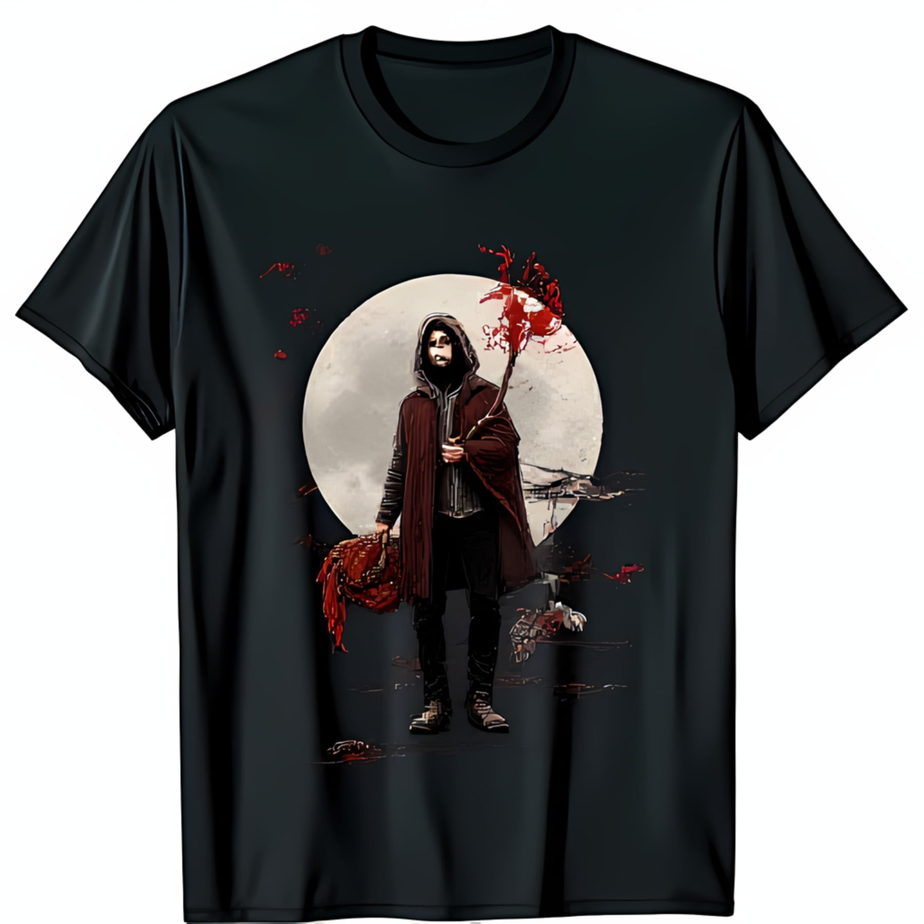 Dark Hooded Figure with Bloody & Full Moon Graphic Black T-Shirt Gothic ...