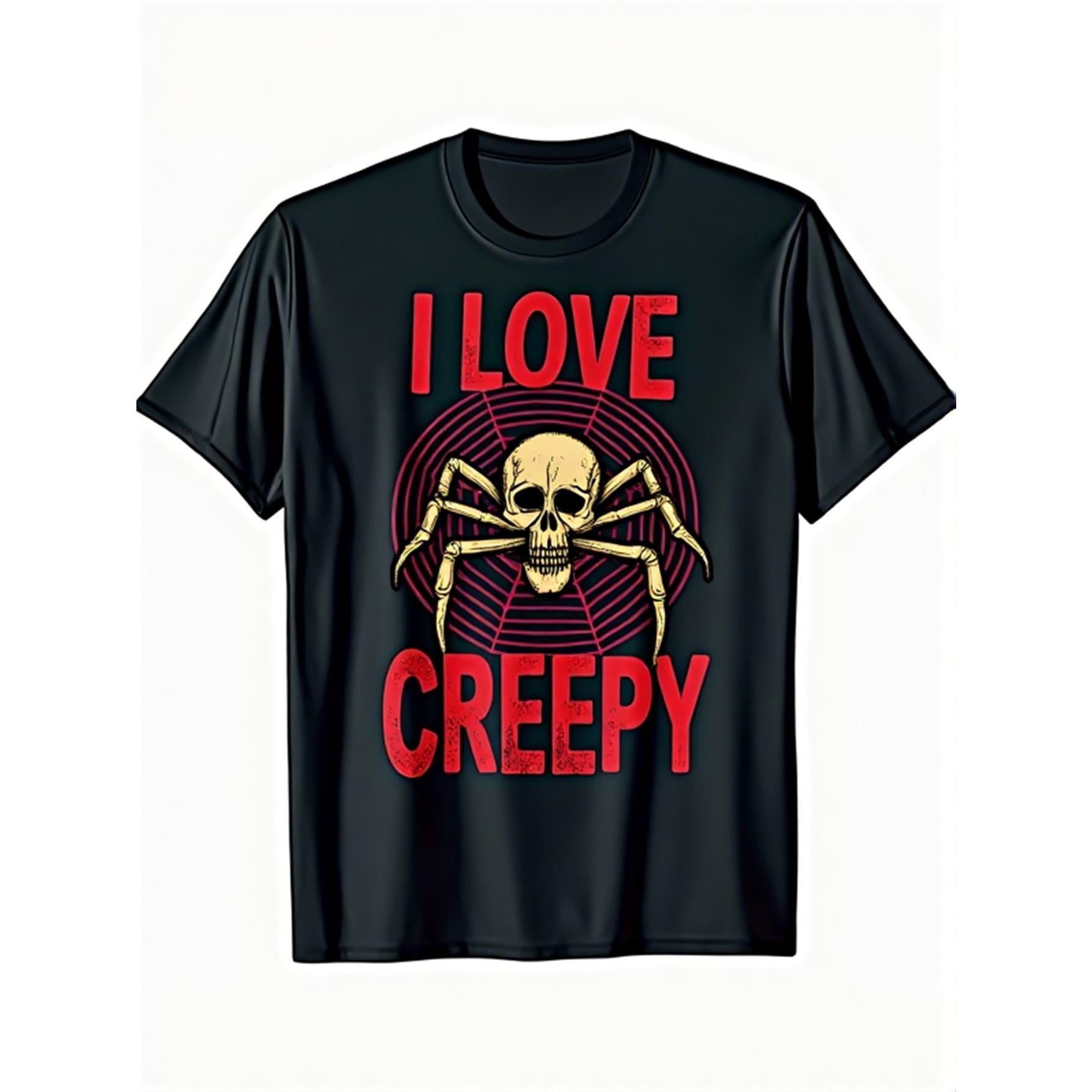 Dark Humor Slogan Tee. Features “I LOVE CREEPY + Skull - Spider” Design. For Fans Of Gothic ...