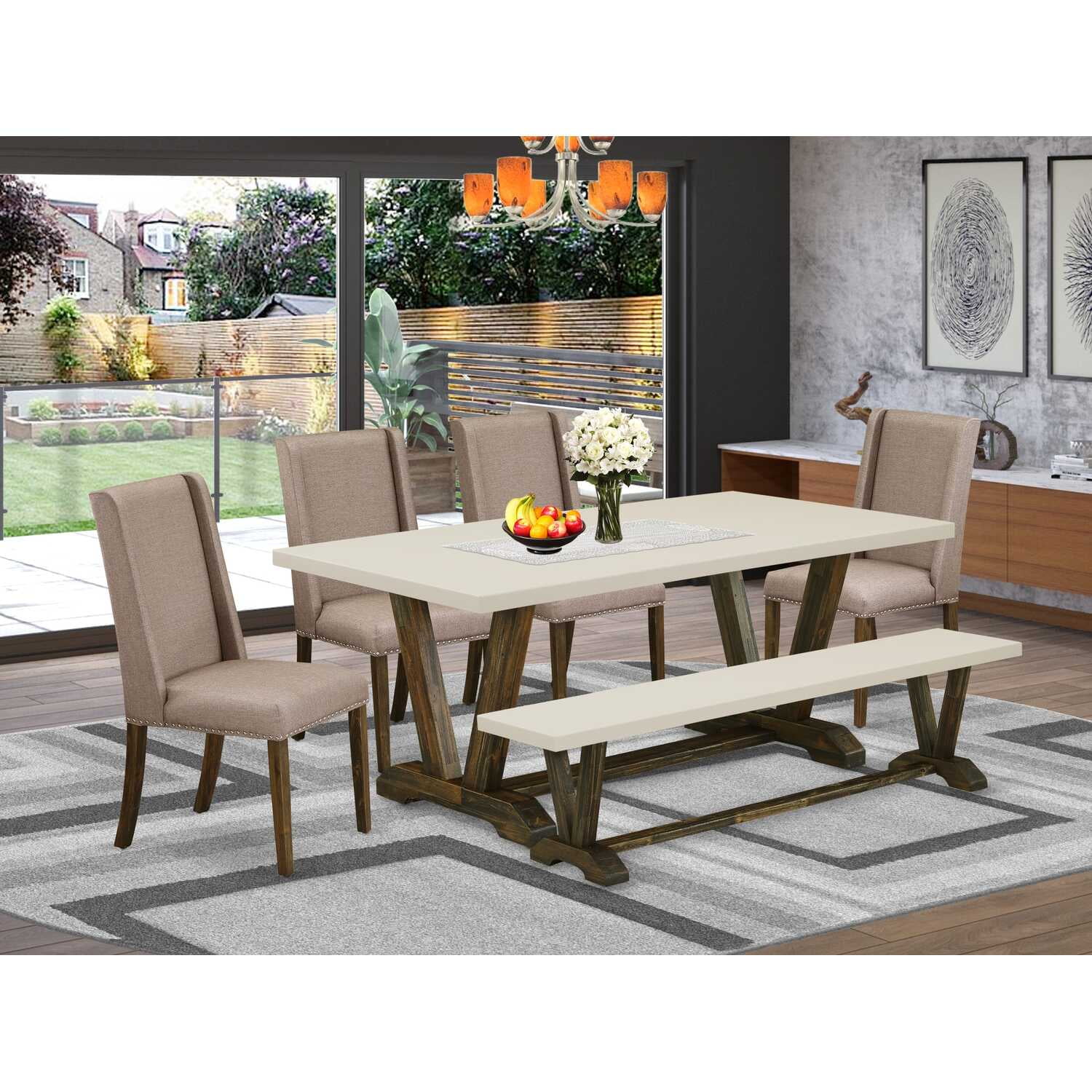 Dark Khaki Linen Fabric Kitchen Dining Table Set 6-Piece-Color:Dark ...