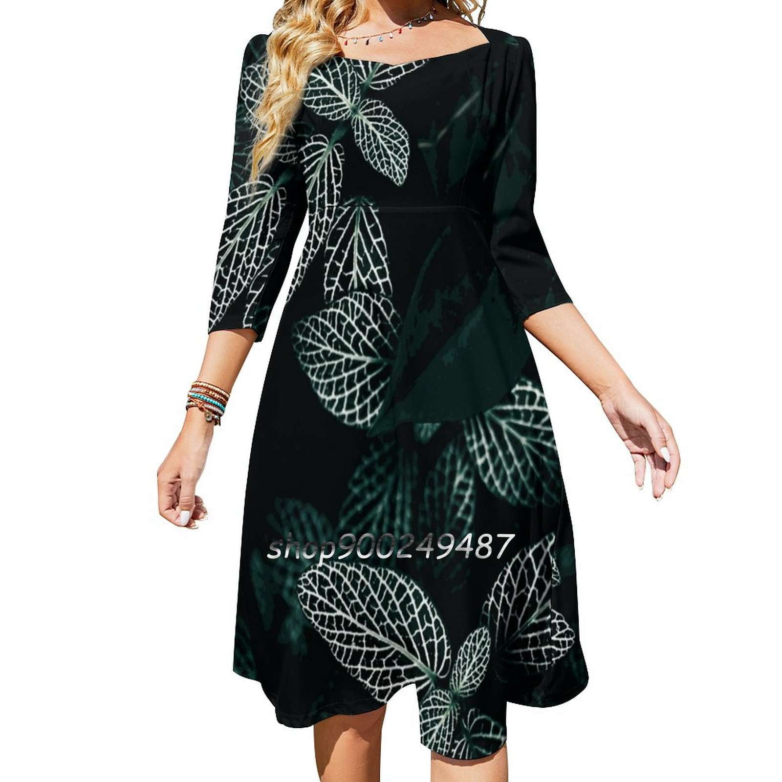 Dark Leaves 3 Square Neck Dress Cute Loose Print Dresses Elegant Beach ...