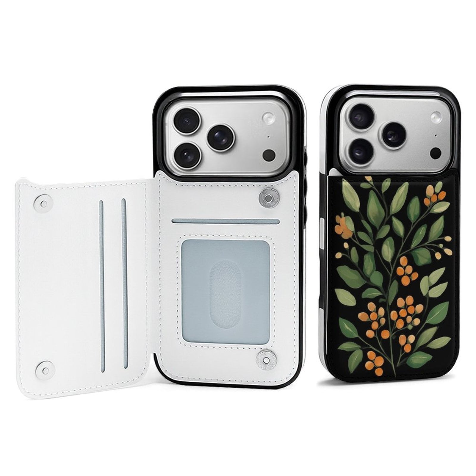 Dark Leaves Orange Berries Branch Leather Wallet Case for iPhone 14 Pro ...