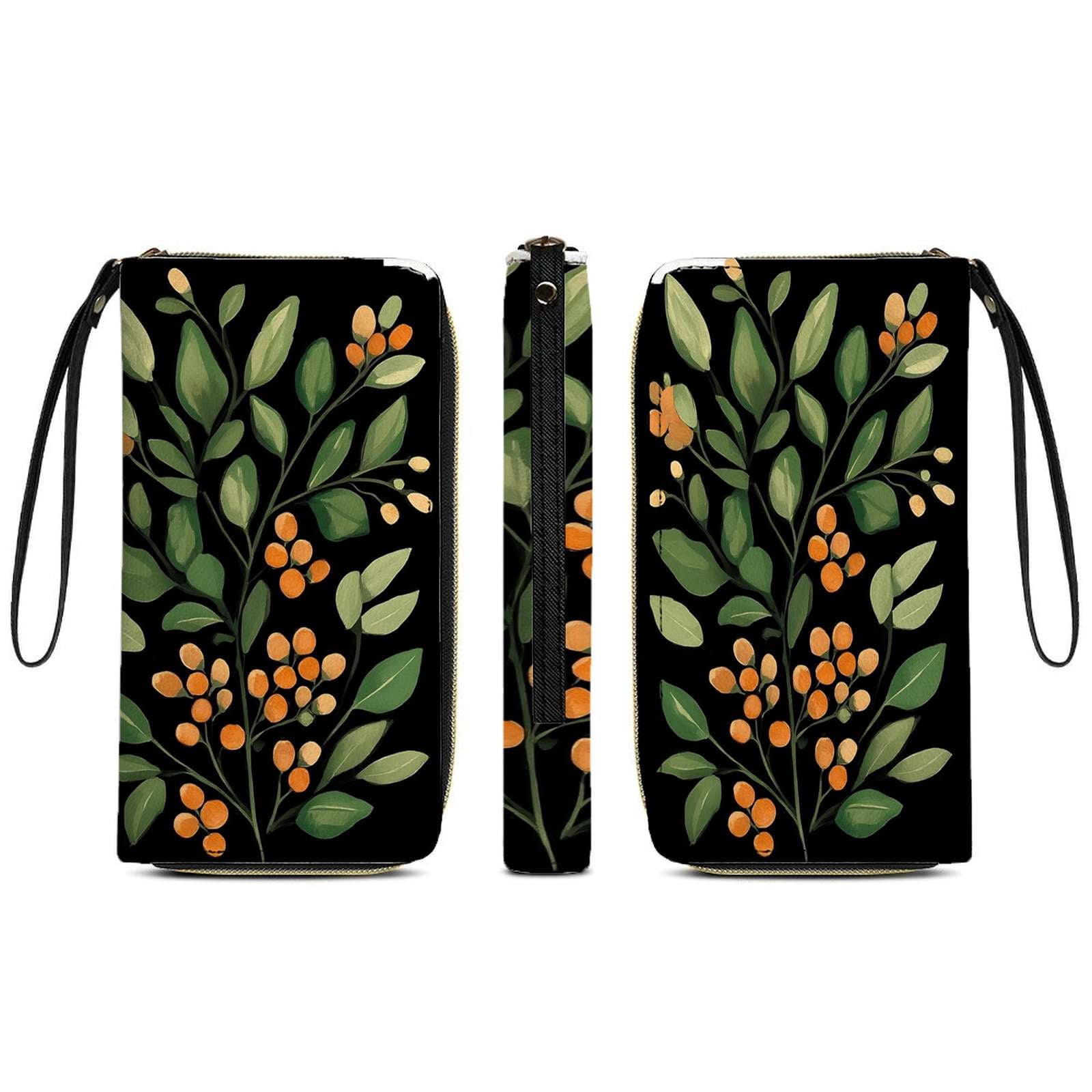 Dark Leaves Orange Berries Branch Long Wallets For Women PU Leather ...