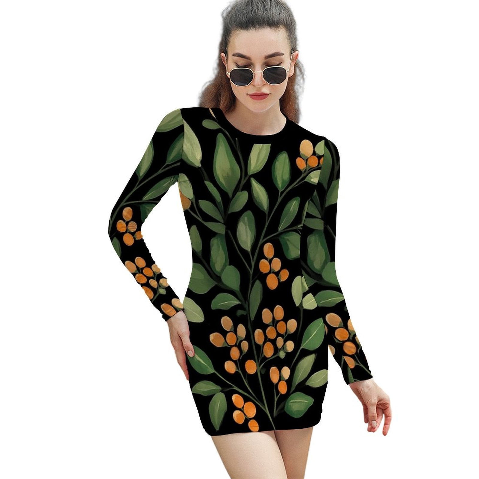Dark Leaves Orange Berries Branch Women's Long Sleeve Bodycon Dress ...