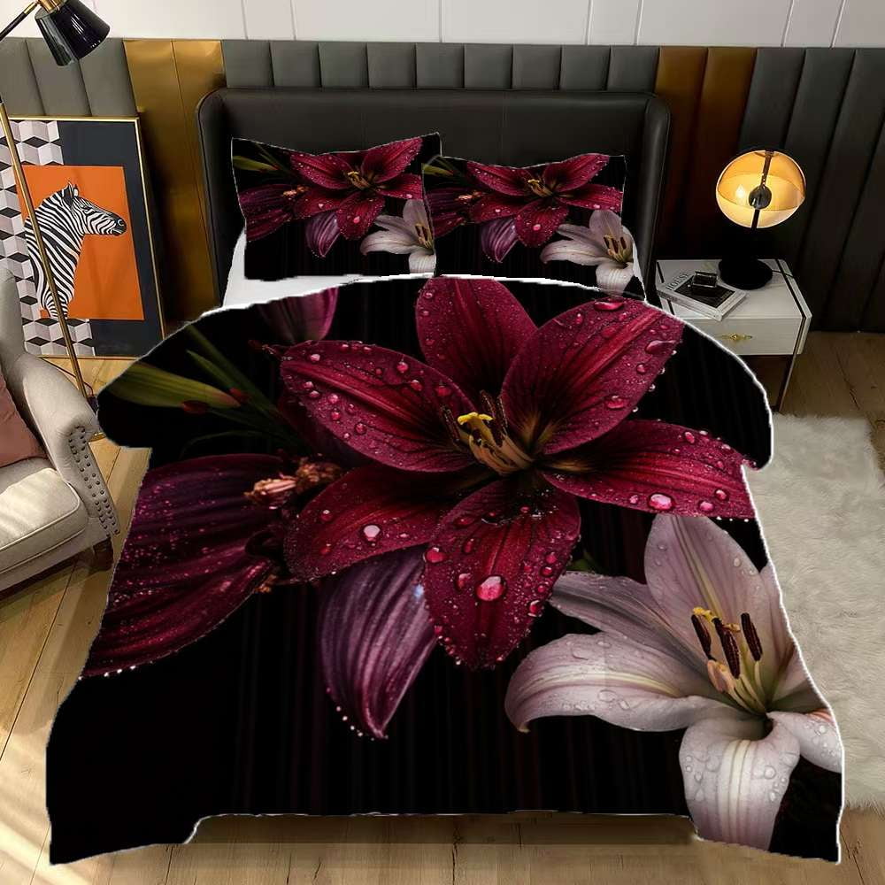Dark Lilies Water Drops Beauty Comforter Set Queen Size Bedding Set For ...