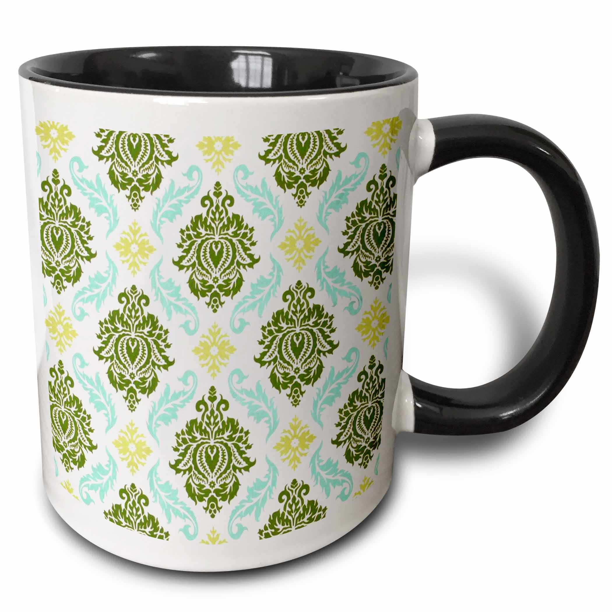 3drose, Dark Lime Teal N Green Damask, 15oz Two-tone Black Mug ...