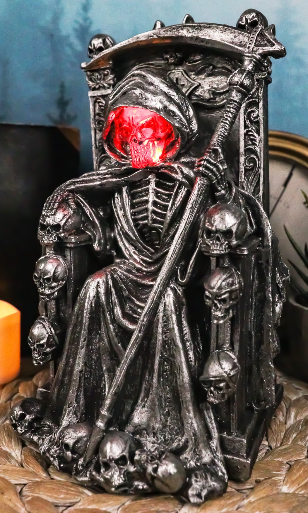 Dark Lord Grim Reaper Skeleton On Throne With LED Light Ghastly Face ...