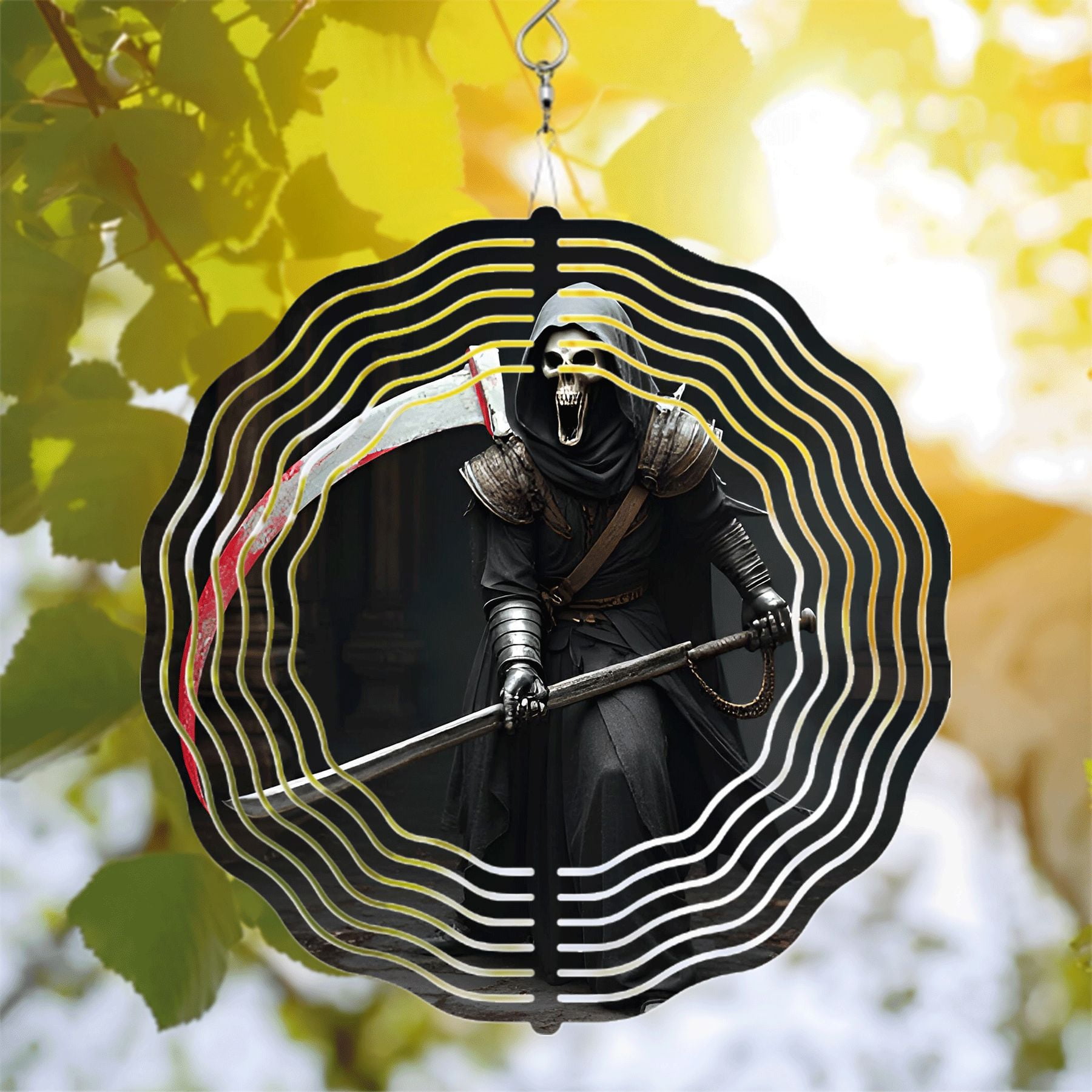 Dark Medieval Scythe Design Metal Hanging Wind Spinner - Ominous Garden ...