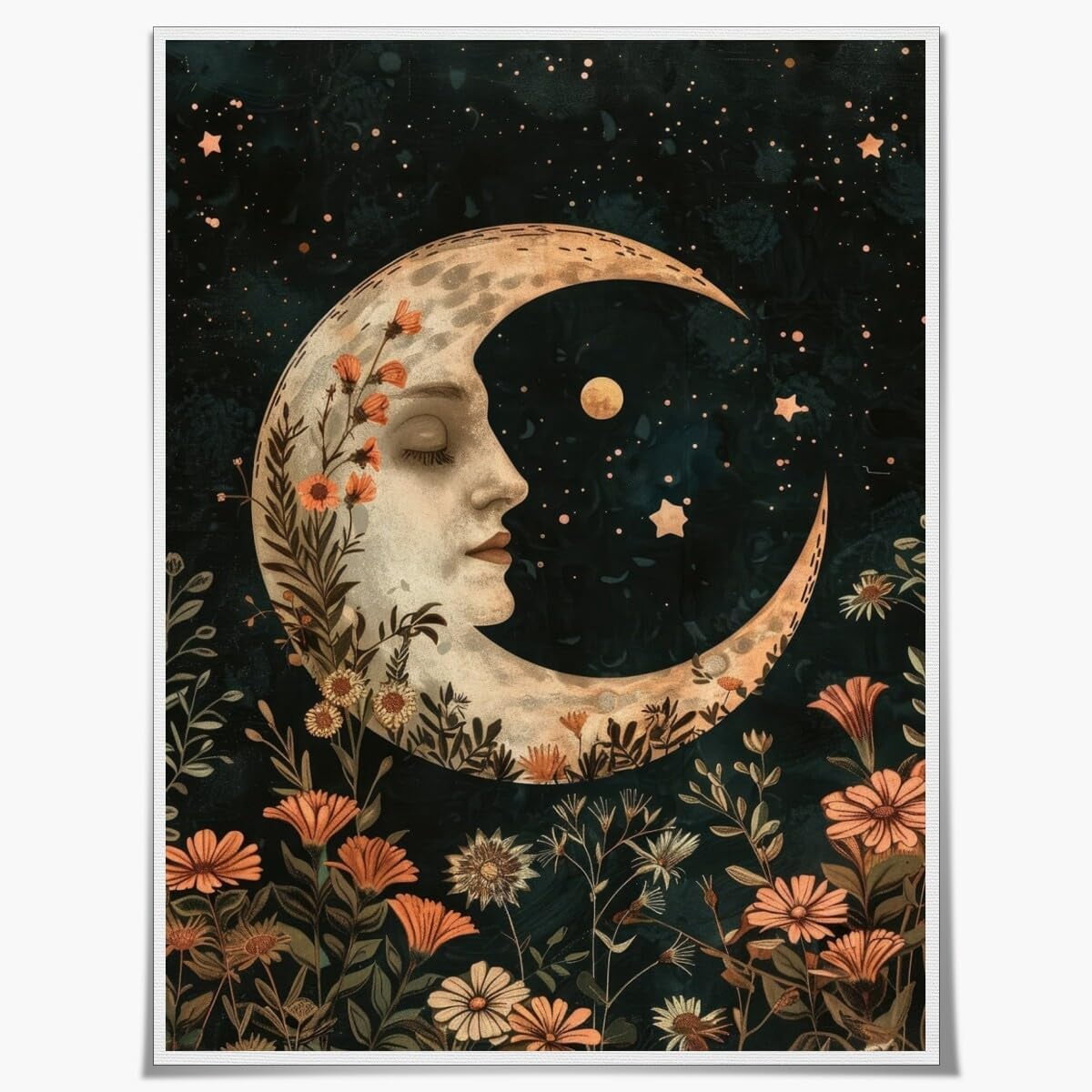Dark Moody Crescent Moon Art Print Celestial Stars Floral Moon Poster ...