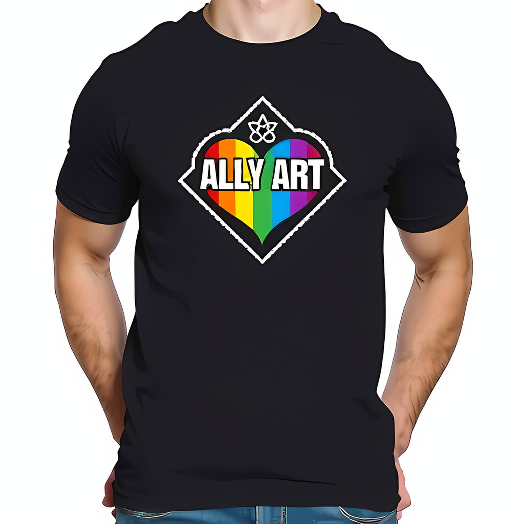 Dark Navy Blue T-Shirt with Rainbow Heart Design & 'ALLY ART' Text ...
