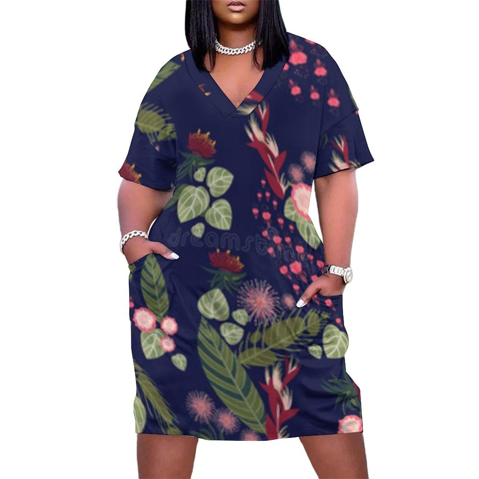 Dark Navy Floral Tropical Print Summer Sundress for Curve Women Casual ...