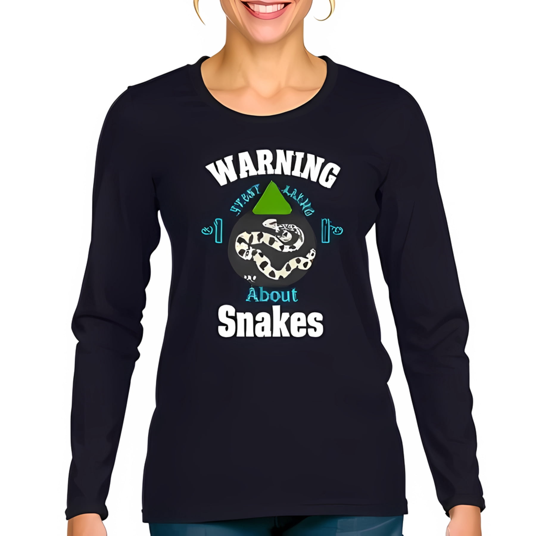 Dark Navy Long Sleeve T-Shirt with Bold 'WARNING' Graphic Snake ...