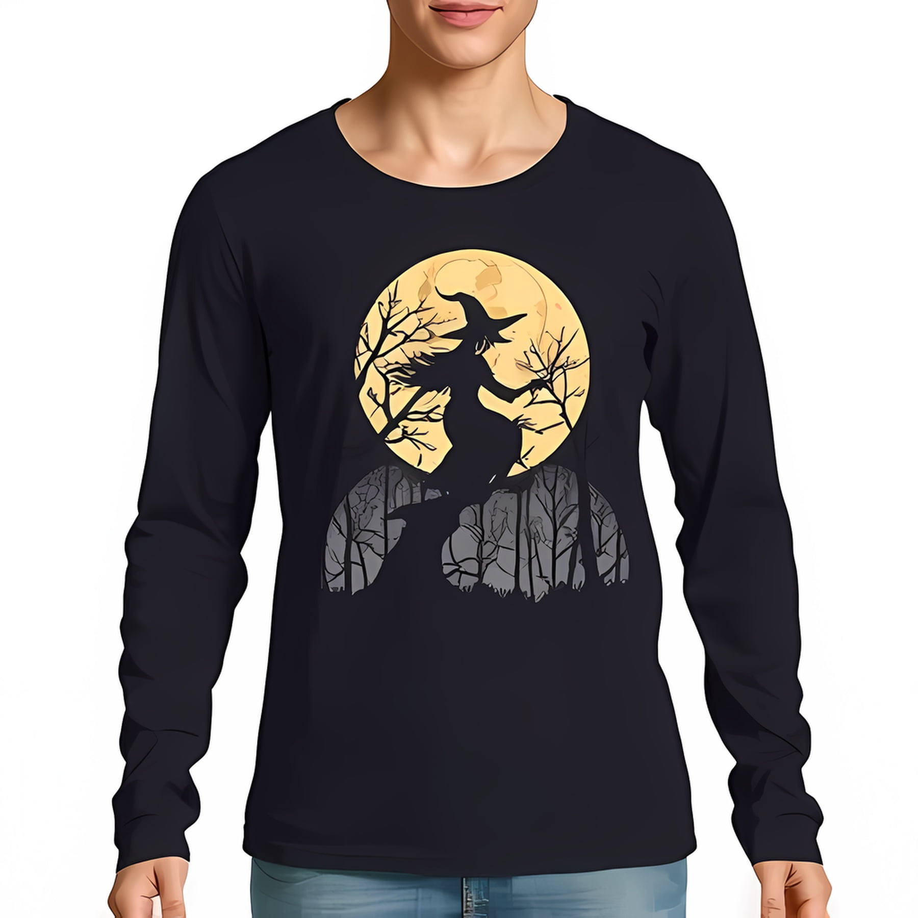 Dark Navy Long Sleeve T-Shirt with Witch on Broomstick Against Yellow ...
