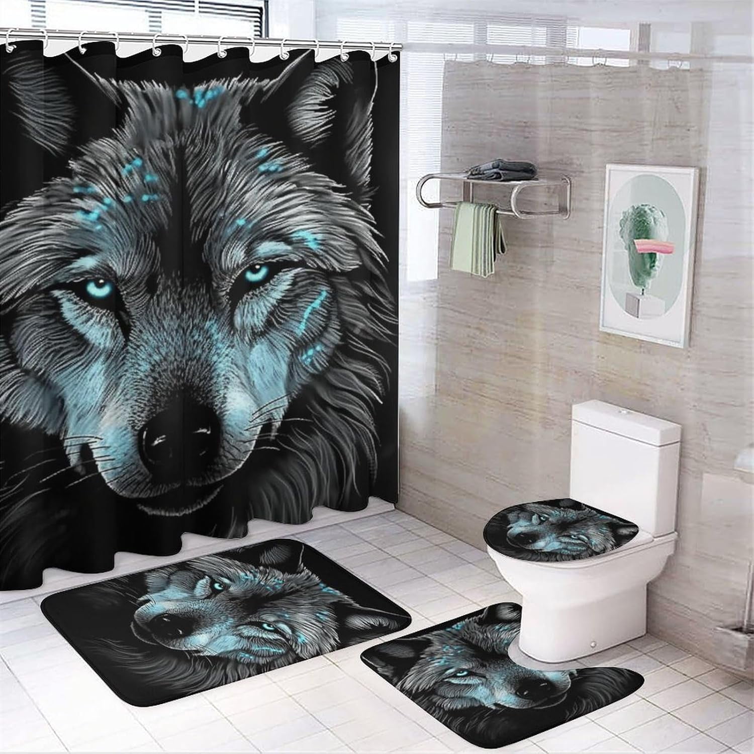 Dark Night Black Wolf Shower Curtain Set for Bathroom, 4Pcs Rustic ...