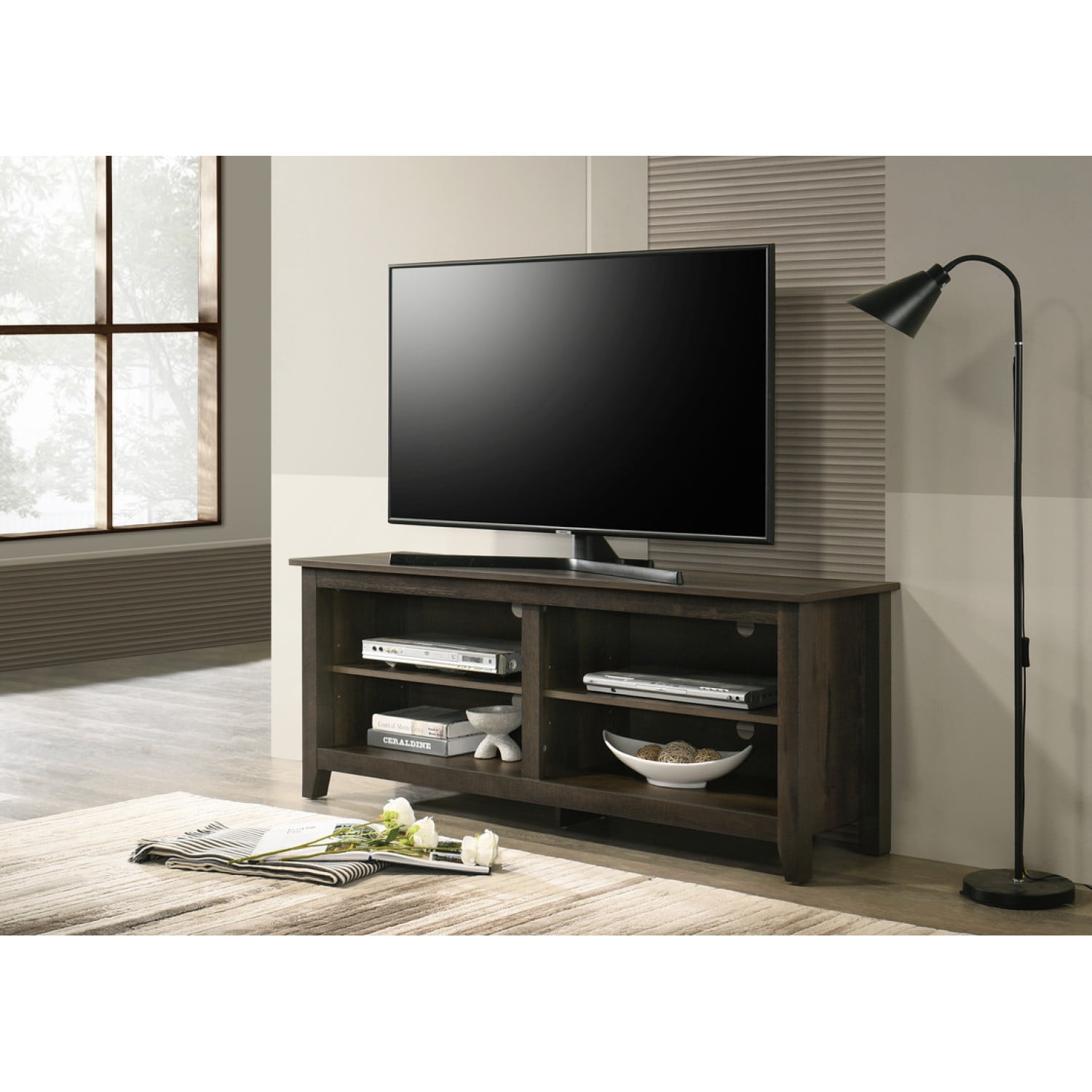 Dark Oak Finish TV Stand for 59-inch TVs: 58" Wide with Open Shelves ...