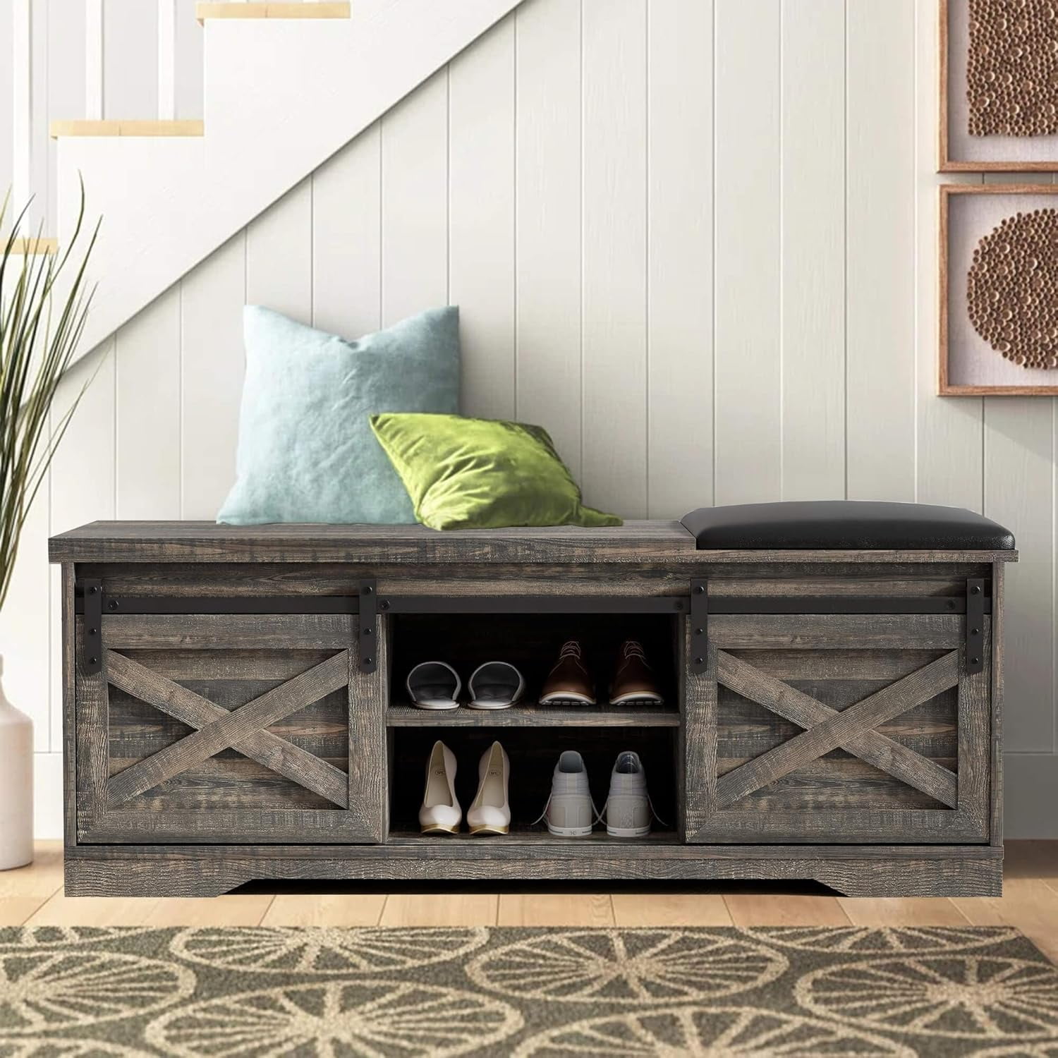 Dark Oak Shoe Bench Entryway with Storage, Modern Shoe Bench with ...