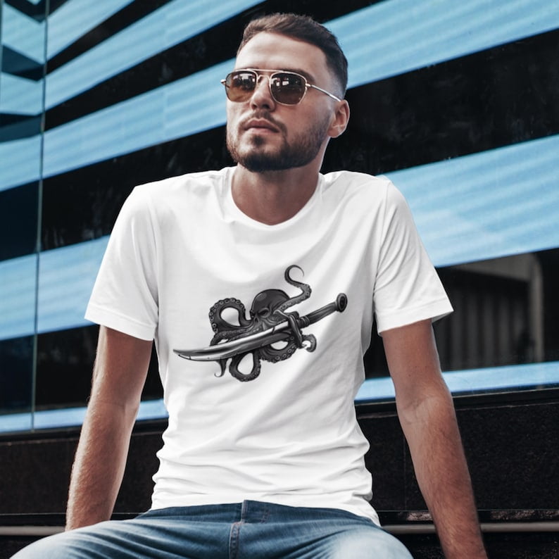 Dark Octopus T-Shirt Pirate Sword High Seas Blackbeard Cool School ...