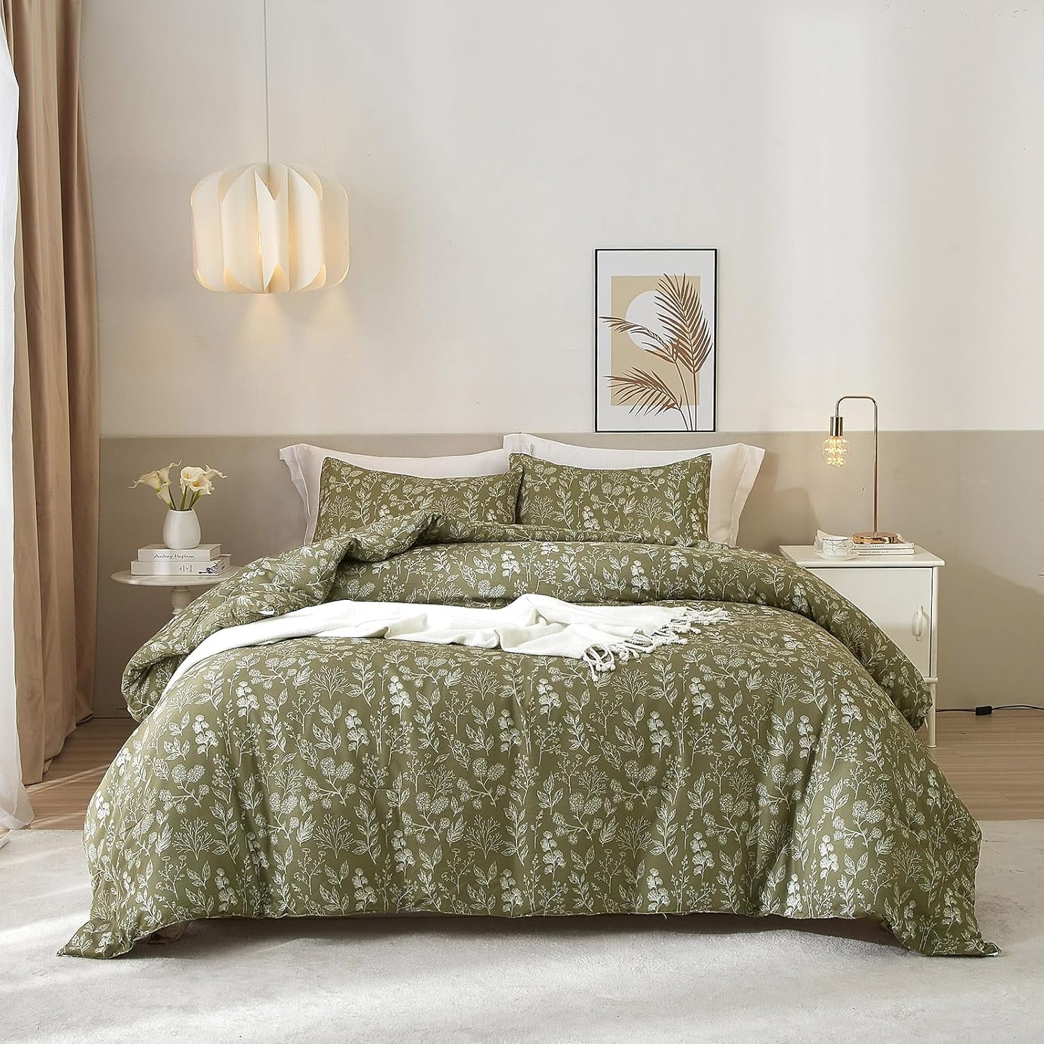 Dark Olive Green Botanical Floral Comforter Set King Size Soft ...