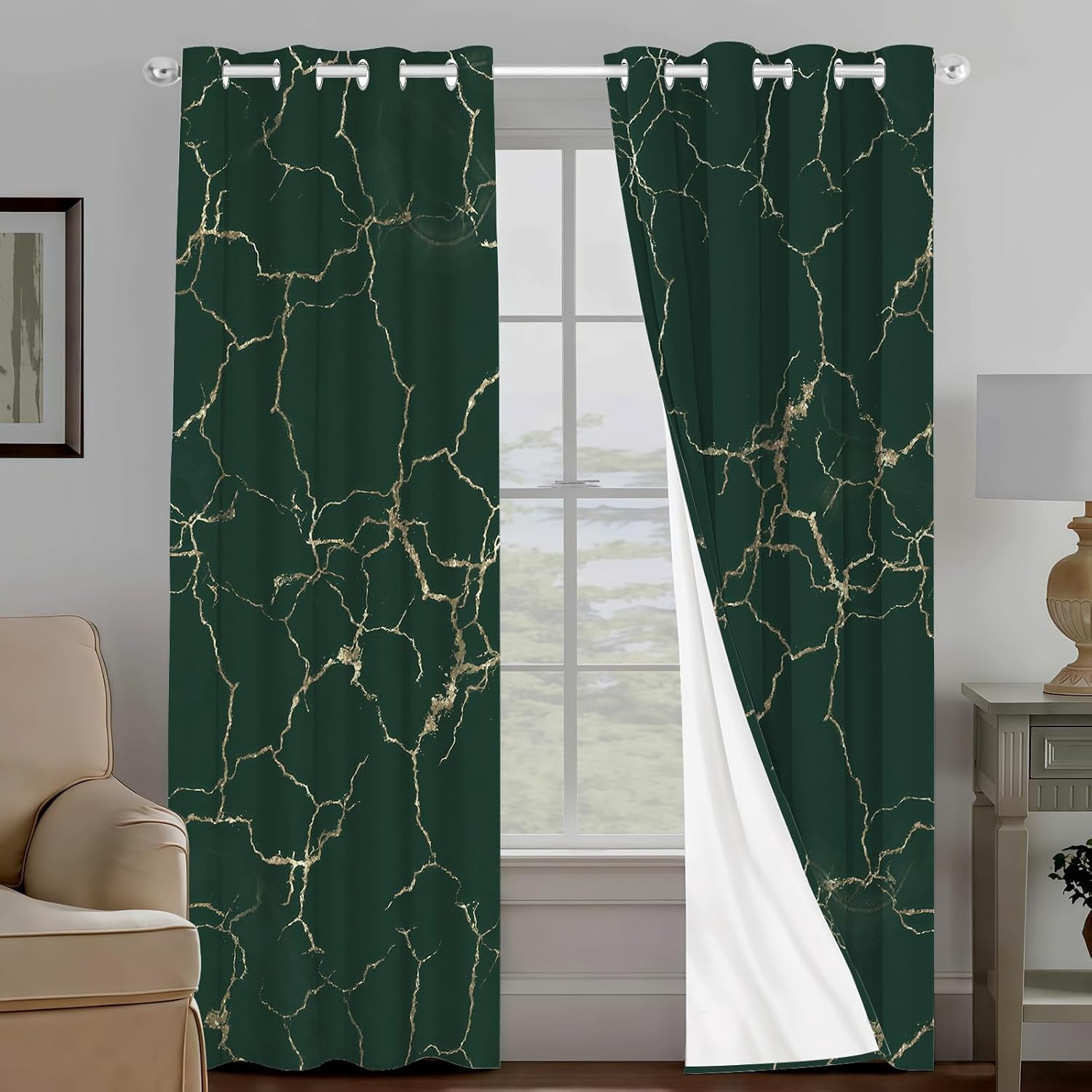 Dark Olive Green Geometric Marble Print Blackout Curtains, Grommet Heat ...