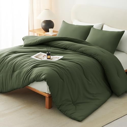 Dark Olive Green Queen Comforter Set, 3 Pieces Solid Breathable Quilted ...