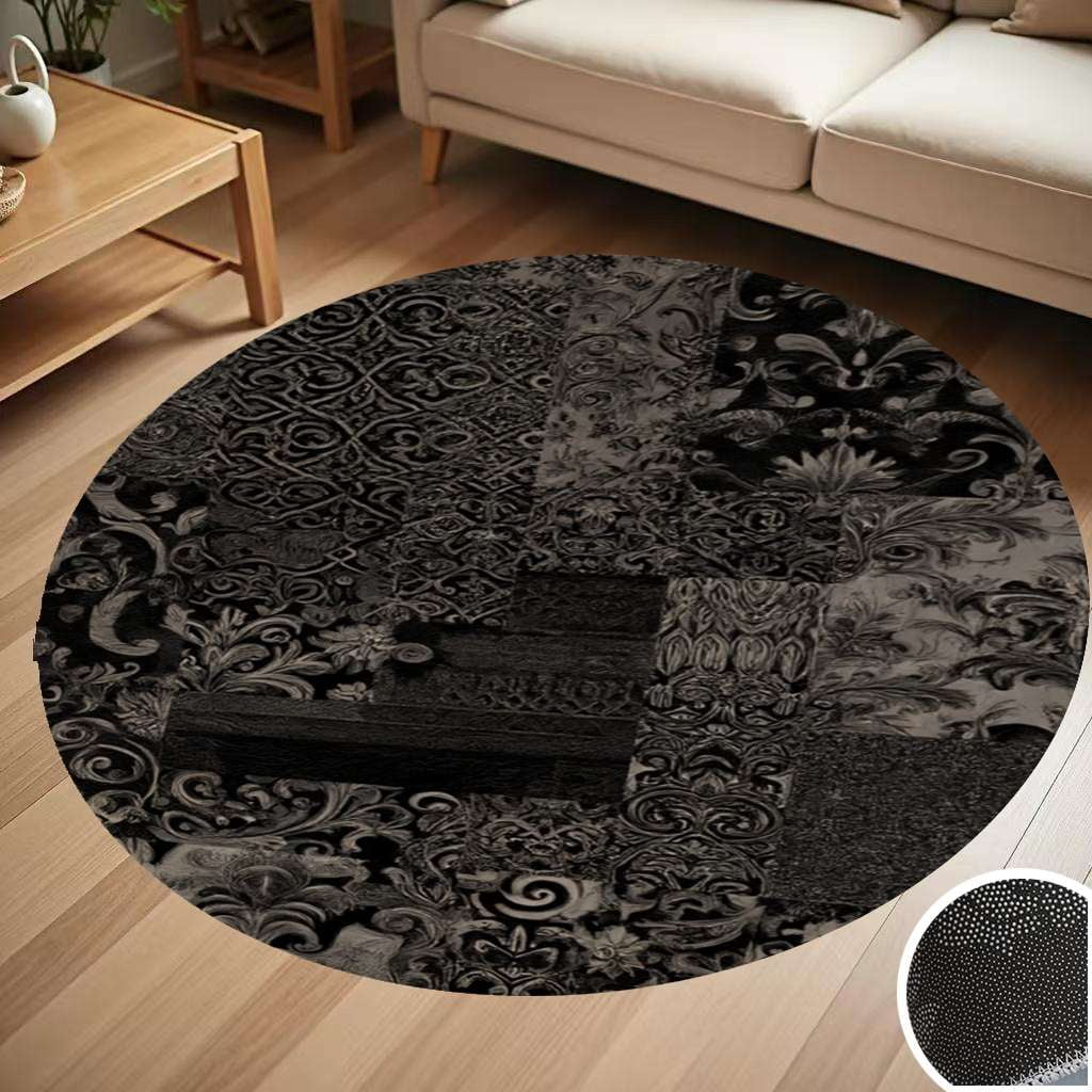 Dark Ornate Patchwork Design Round Carpet Living Room Bedroom Home ...