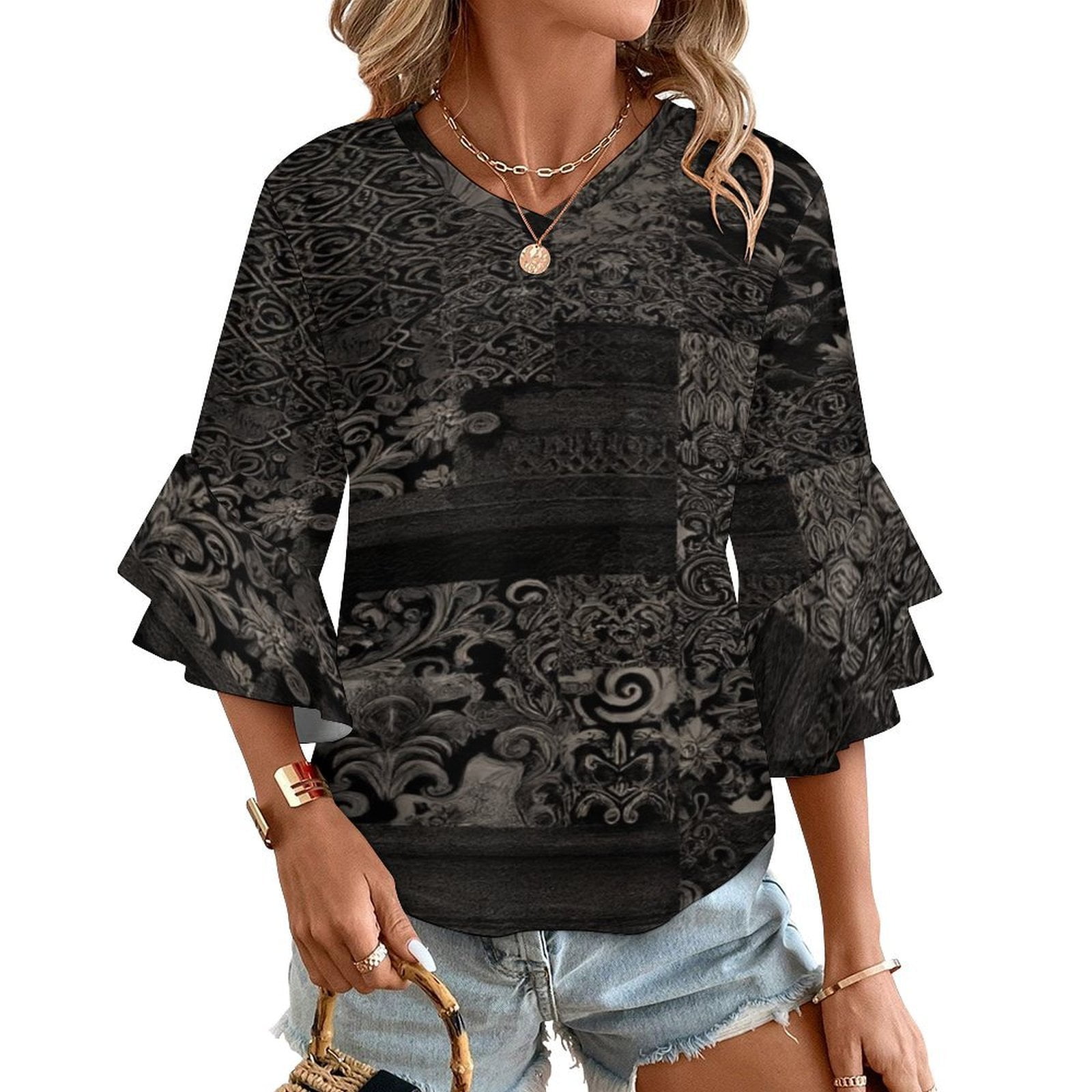 Dark Ornate Patchwork Design Women's V-Neck Blouse With 3/4 Ruffled ...