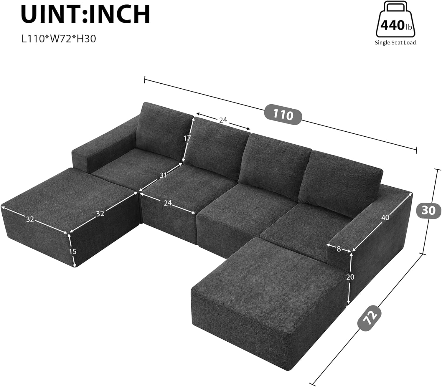 Dark Oversized U Shaped Sofa Set with Removable Ottomans, 6 Cloud Couch ...
