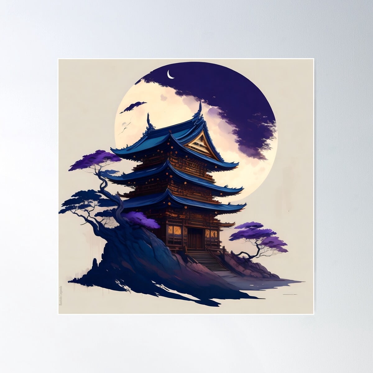 Dark Pagoda, Modern Sumi-E Style Oriental Digital Art. Poster Wall Art ...