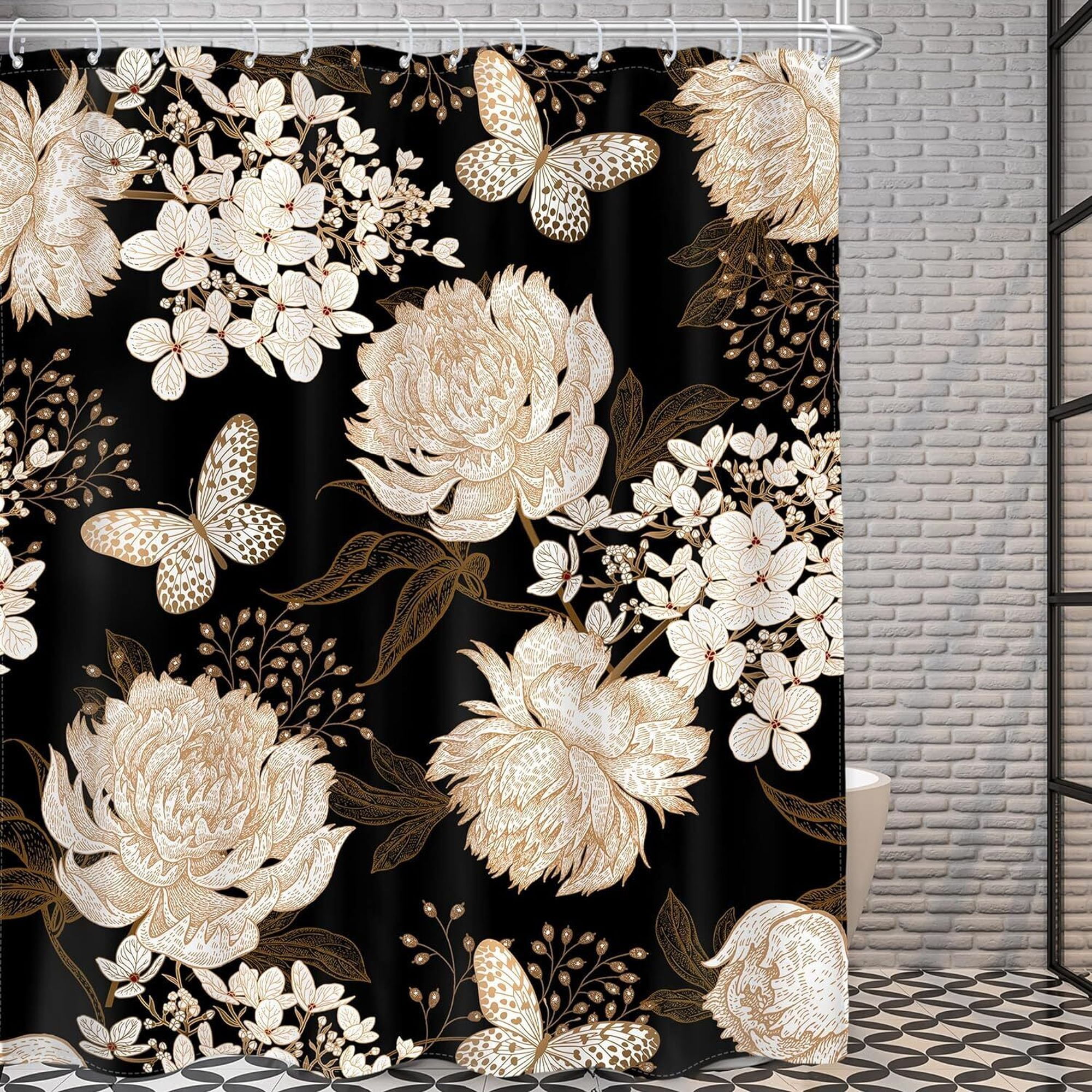 Dark Peony And Butterfly Shower Curtain 60x72 Inch Floral Design