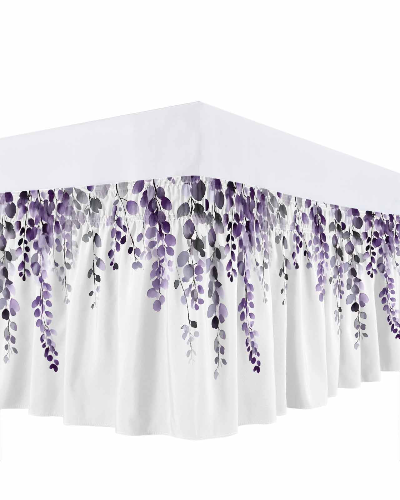 Dark Purple Bed Skirt King Size 16" Drop Eucalyptus Leaves Watercolor ...