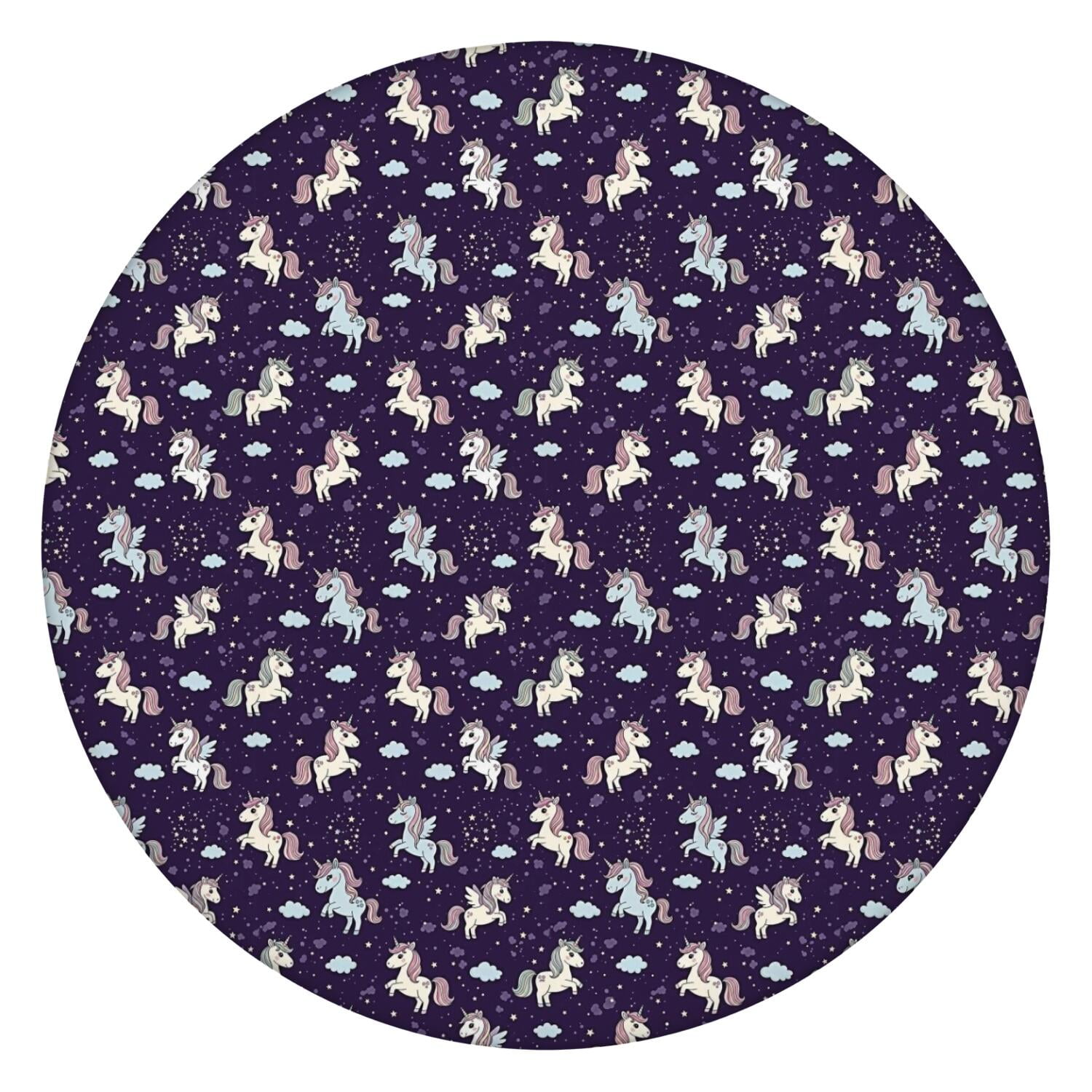 Dark Purple Cartoon Unicorn Cloud Star Pattern Round Fitted Tablecloth ...