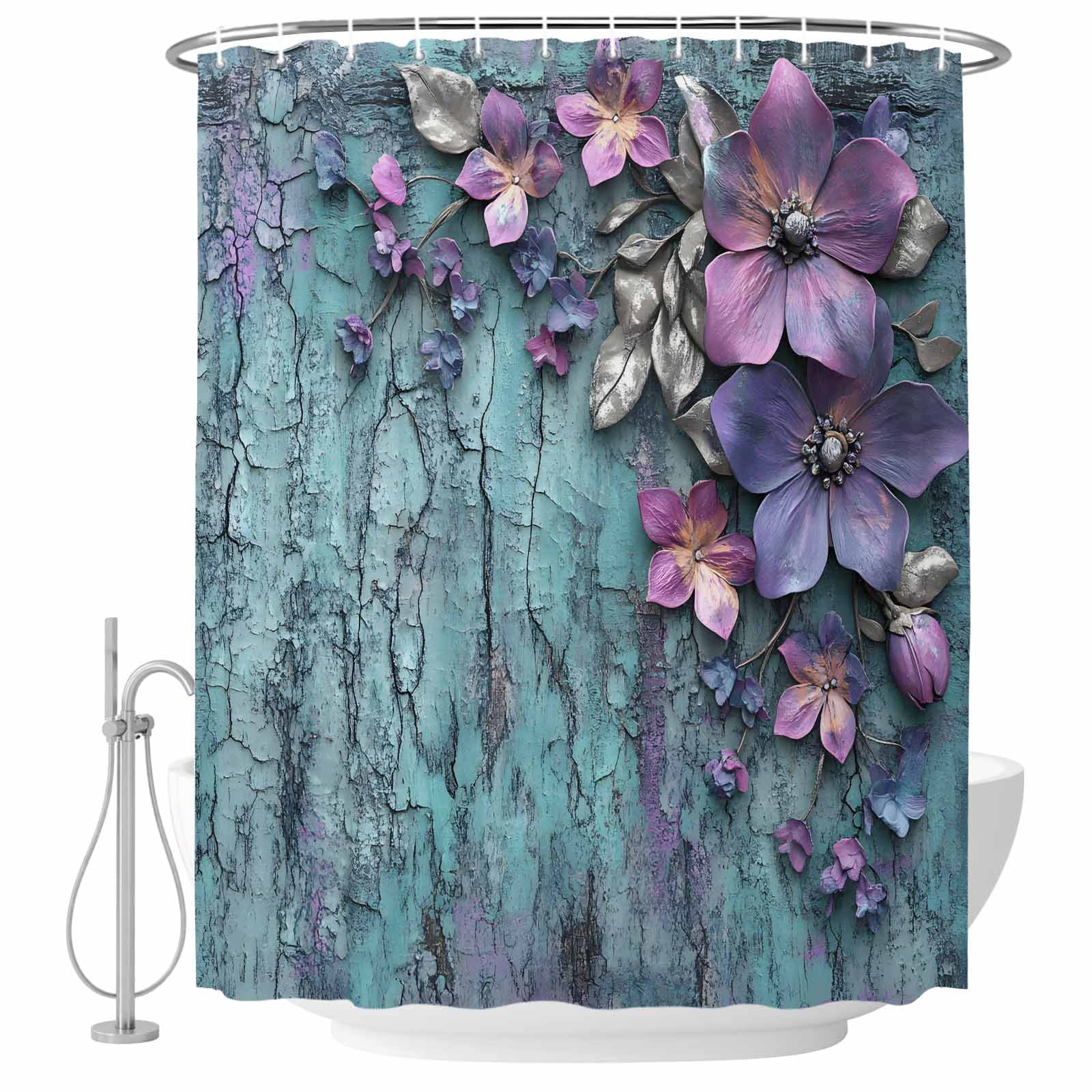 Dark Purple Flowers Bathroom Shower Curtains with Hooks, Leaf Vintage ...