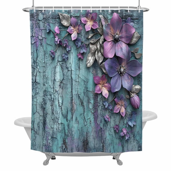 Dark Purple Flowers Shower Curtain for Bathroom, Leaf Vintage Teal ...