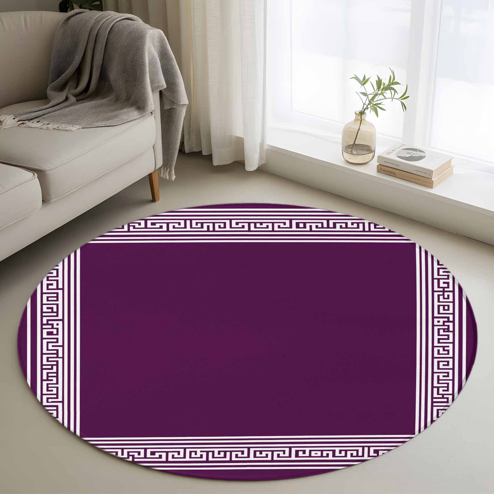 Dark Purple Geometric 3.3ft Round Rug, White Greek Key Design Abstract ...
