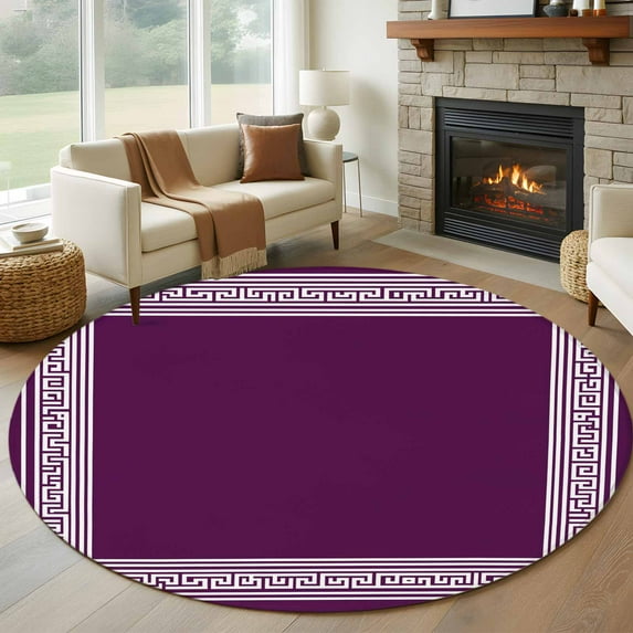 Dark Purple Geometric 5ft Round Rug, White Greek Key Design Abstract ...
