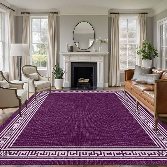 Dark Purple Geometric 6x9 Area Rugs, White Greek Key Design Burlap ...