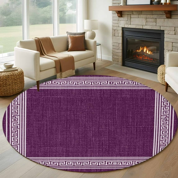 Dark Purple Geometric 8ft Round Rug, White Greek Key Design Burlap ...