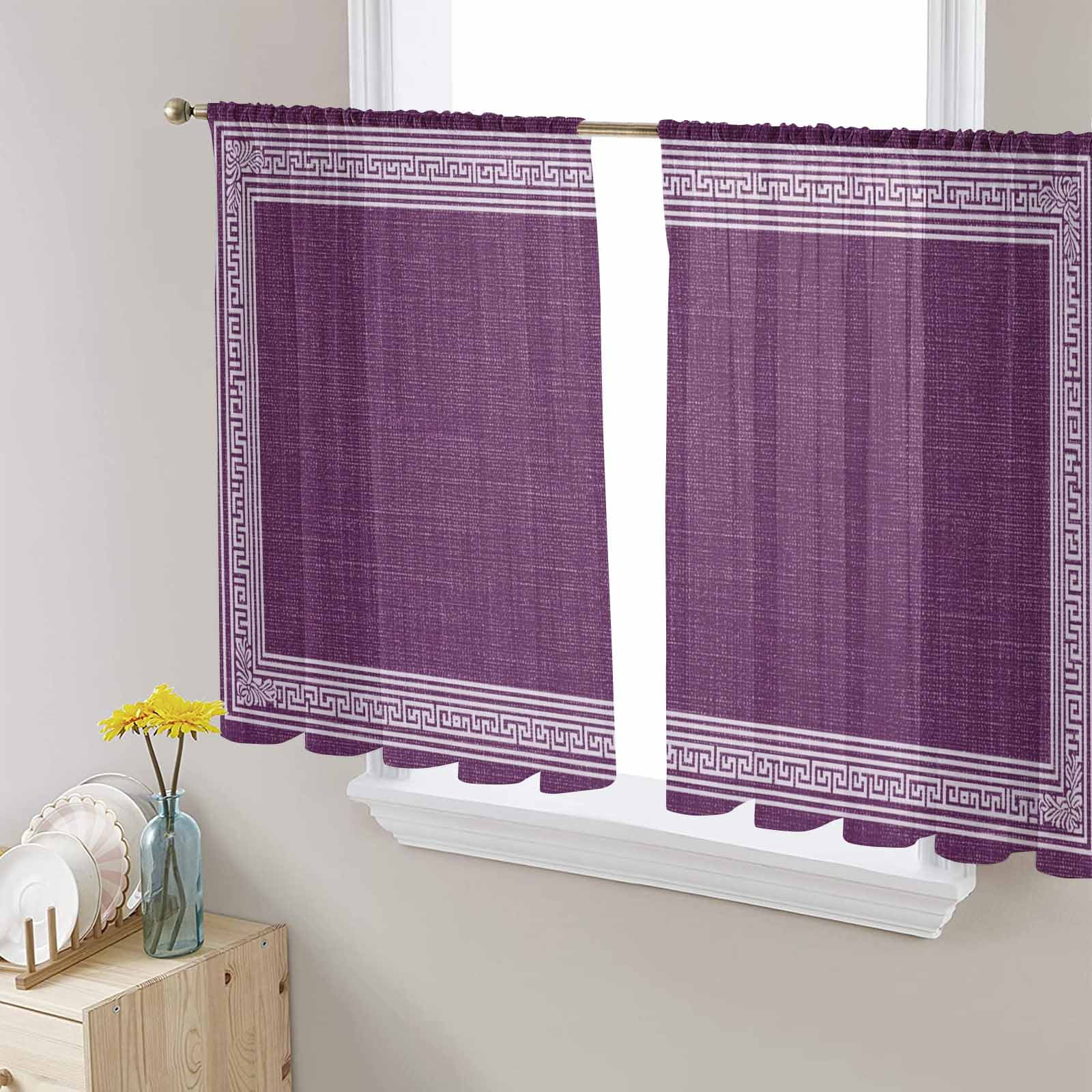 Dark Purple Geometric Semi Sheer Window Curtains 45 Inches Long, White ...