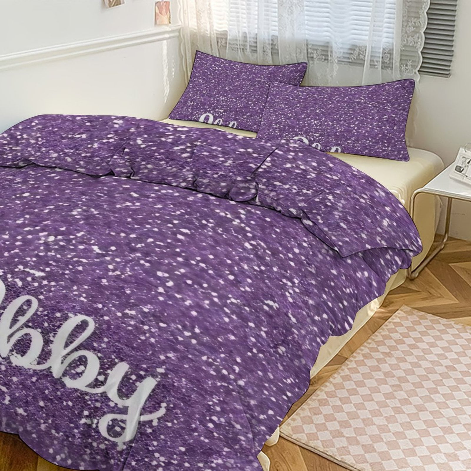 Dark Purple Glitter 102"x90"3 Pcs Soft Bedding Set Includes 1 Duvet ...