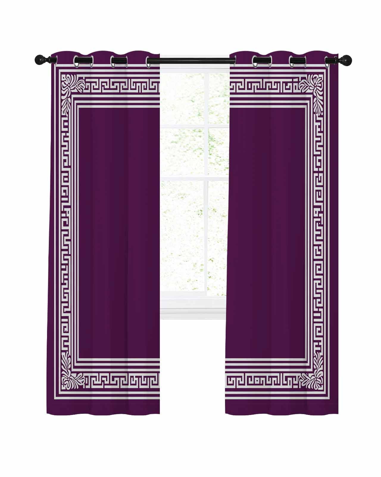 Dark Purple Greek Key Blackout Curtains, Light Blocking Print Window ...