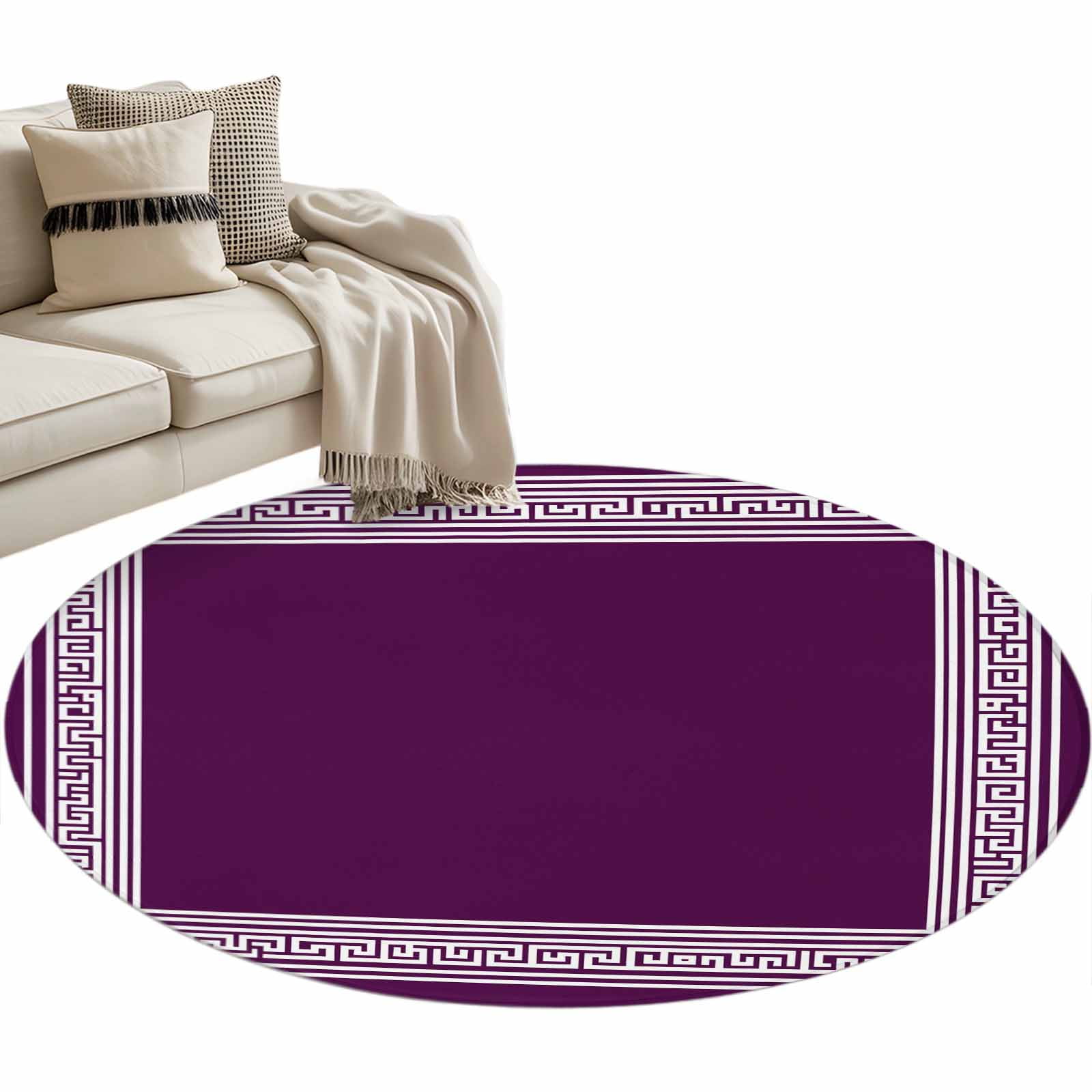 Dark Purple Greek Key Round Rug 4ft Area Rug Washable Soft Non-Slip 4 ...