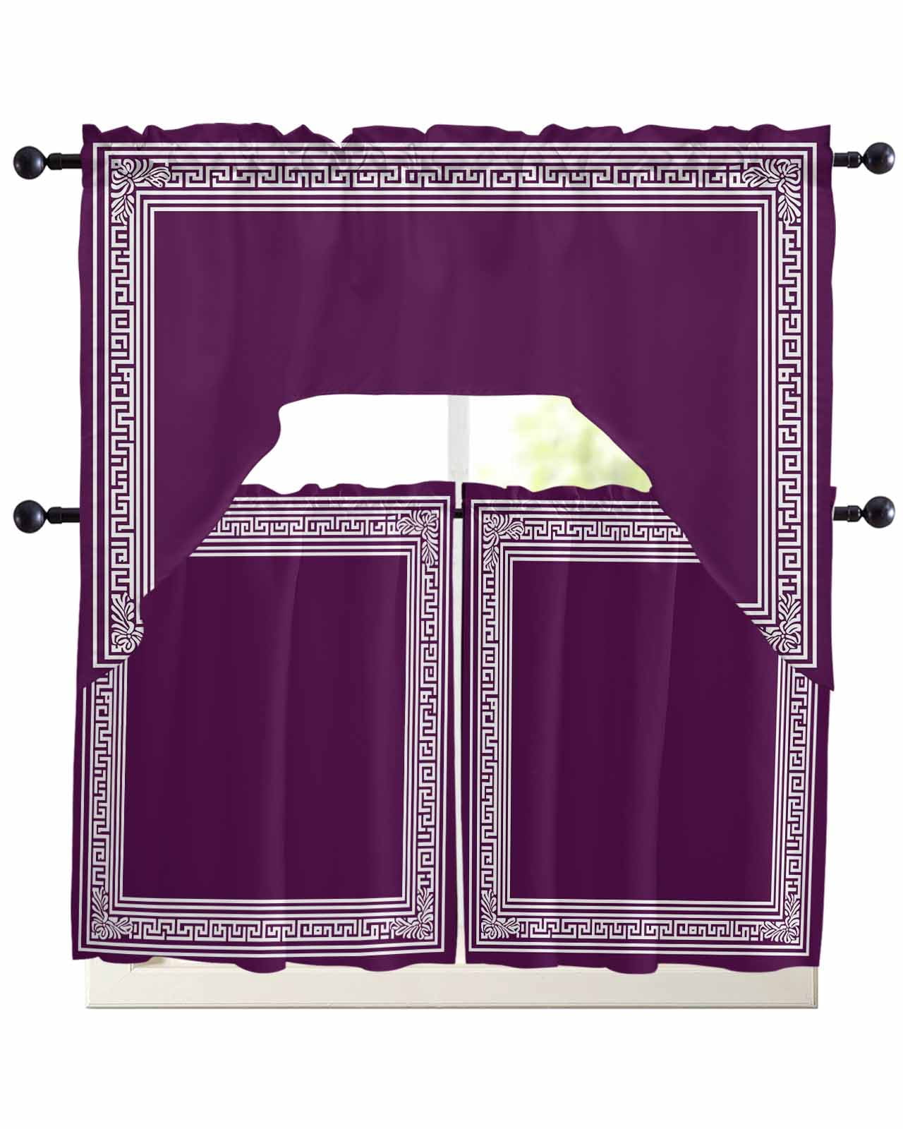 Dark Purple Greek Key Swag Kitchen Curtains Sets for Windows 24 Inch ...