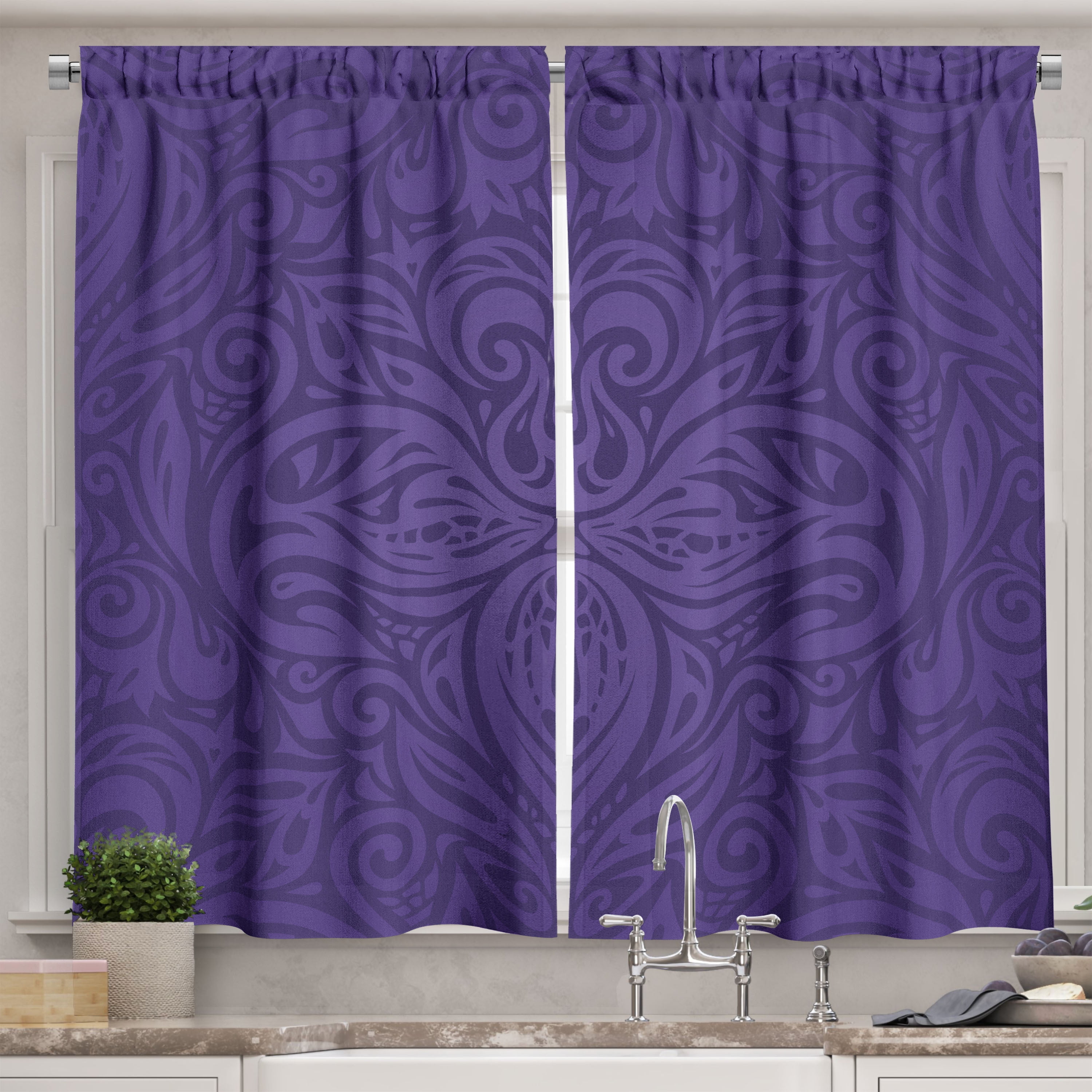 Dark Purple Kitchen Curtains, Floral Motifs Print in a Vintage Style ...