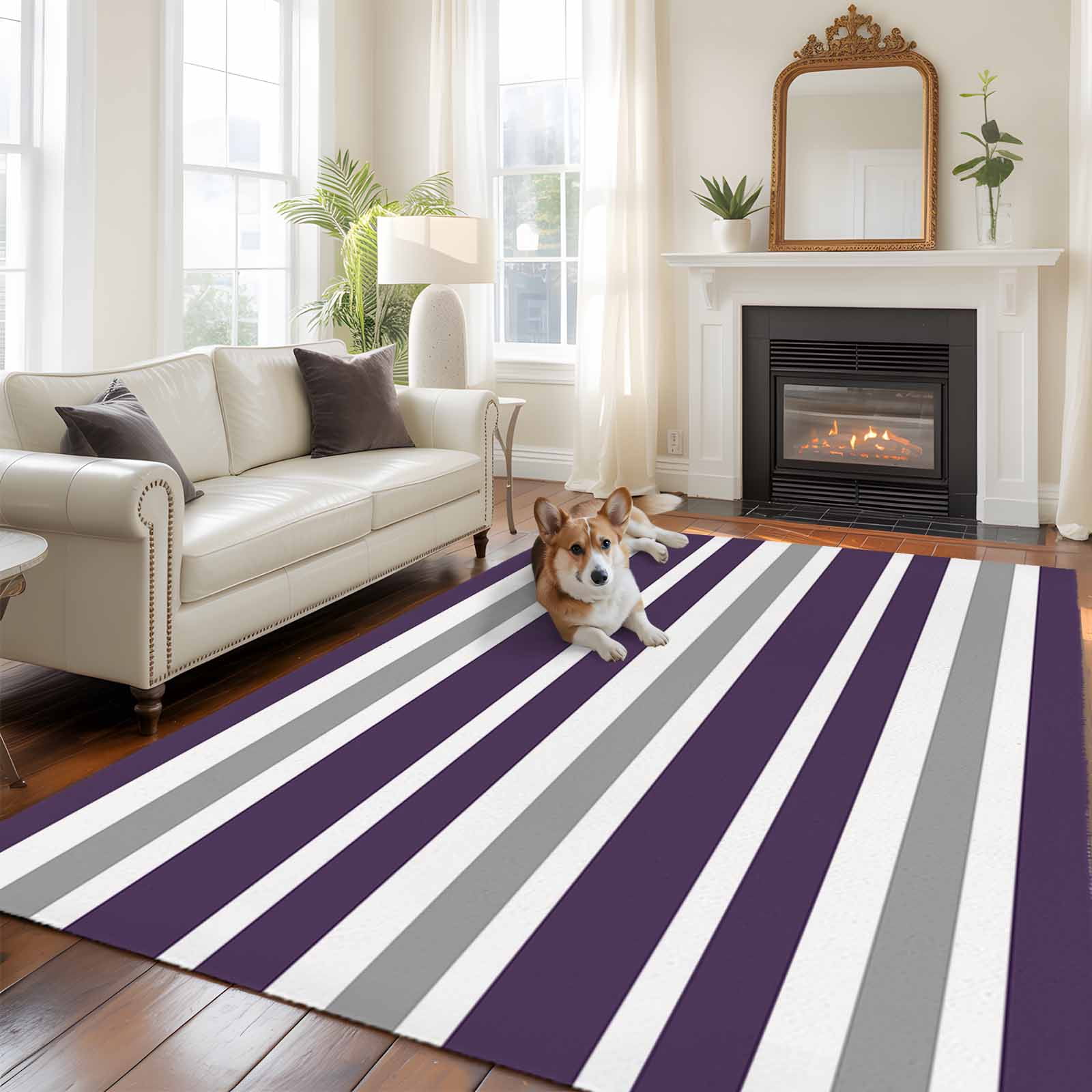 Dark Purple Large Area Rugs 5x8 ft Gray White Stripe Washable Rug Non ...