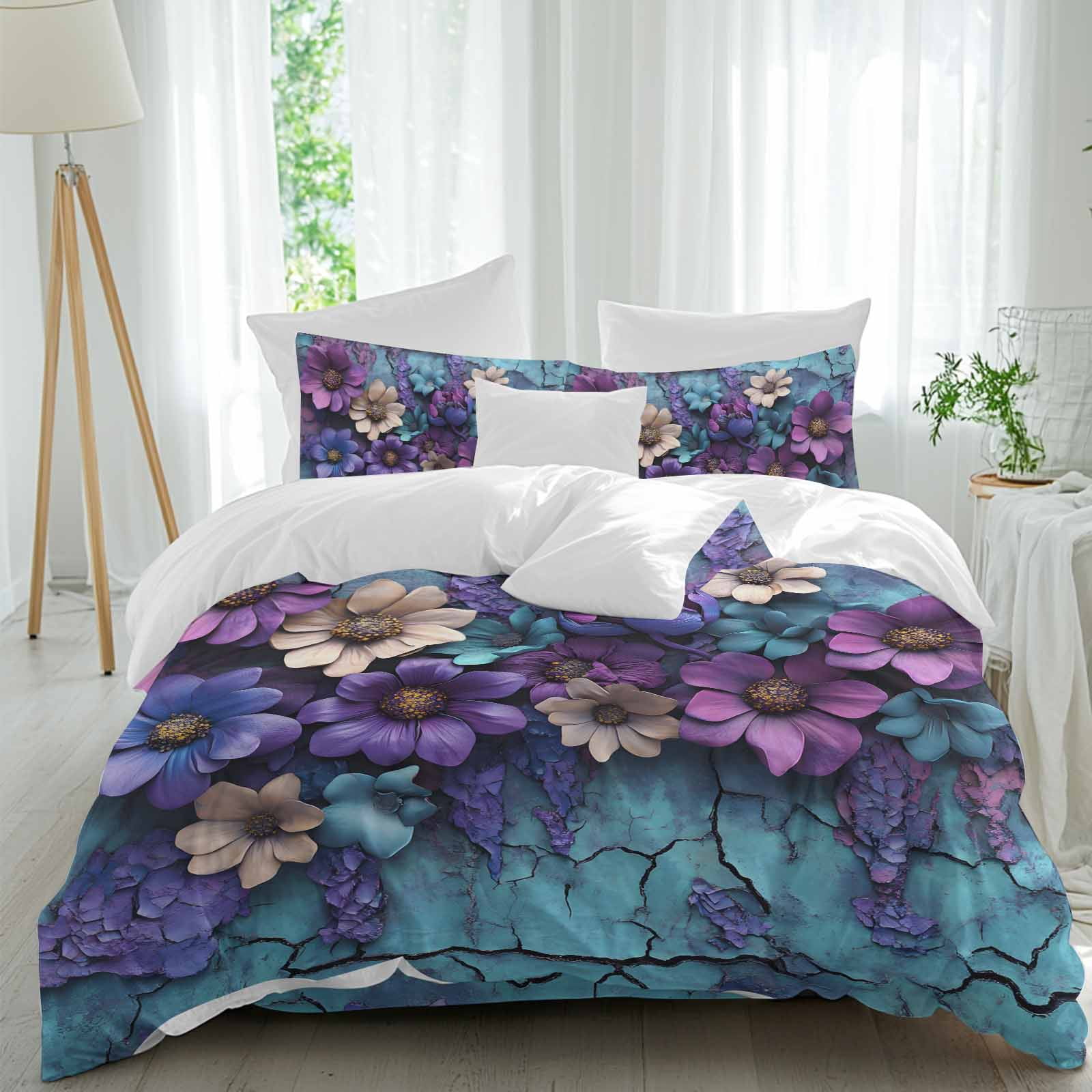 Dark Purple Pink Flowers Twin Duvet Cover Set, Vintage Teal Mottled ...