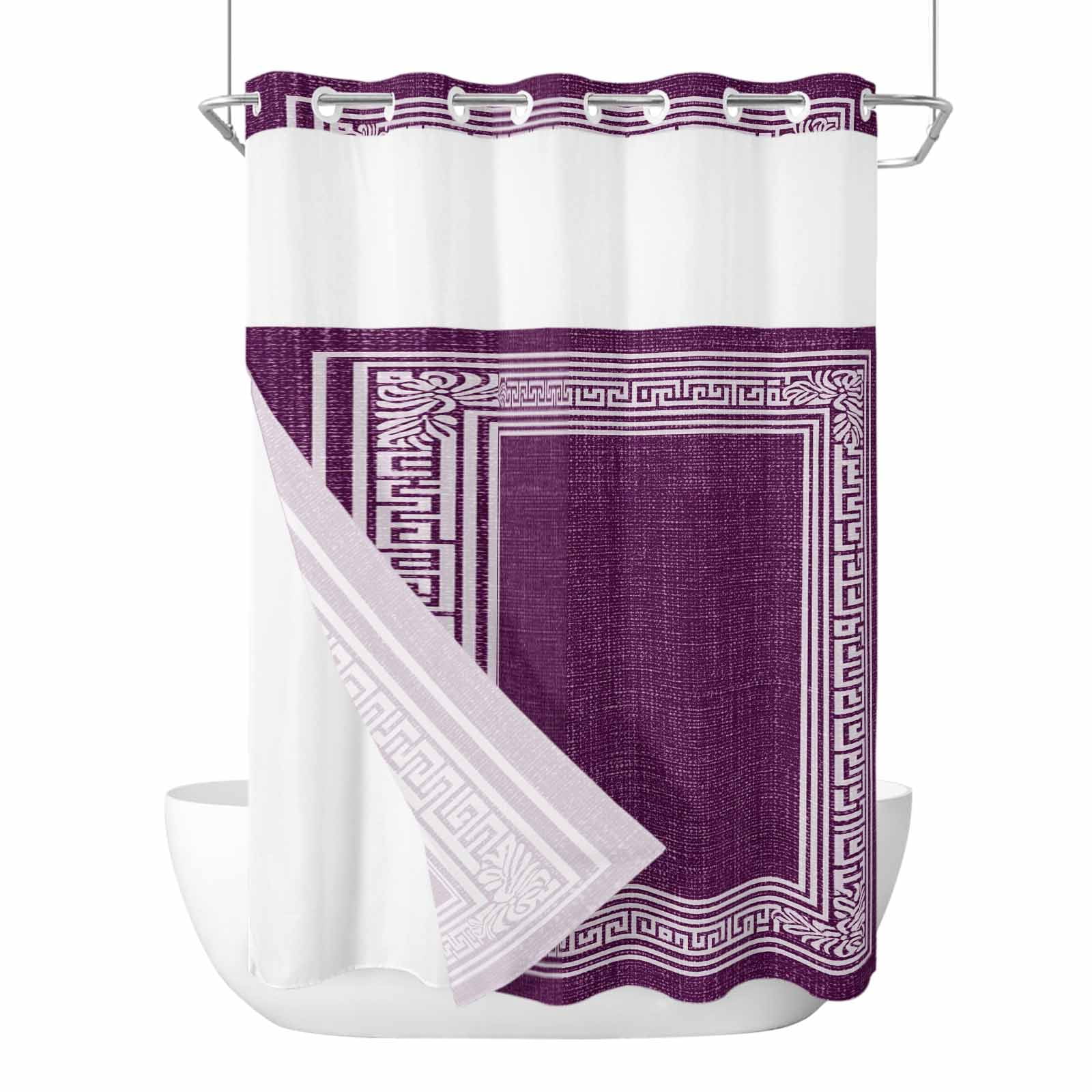 Dark Purple Retro Greek Key No Hook Shower Curtain Waterproof,Bathroom ...